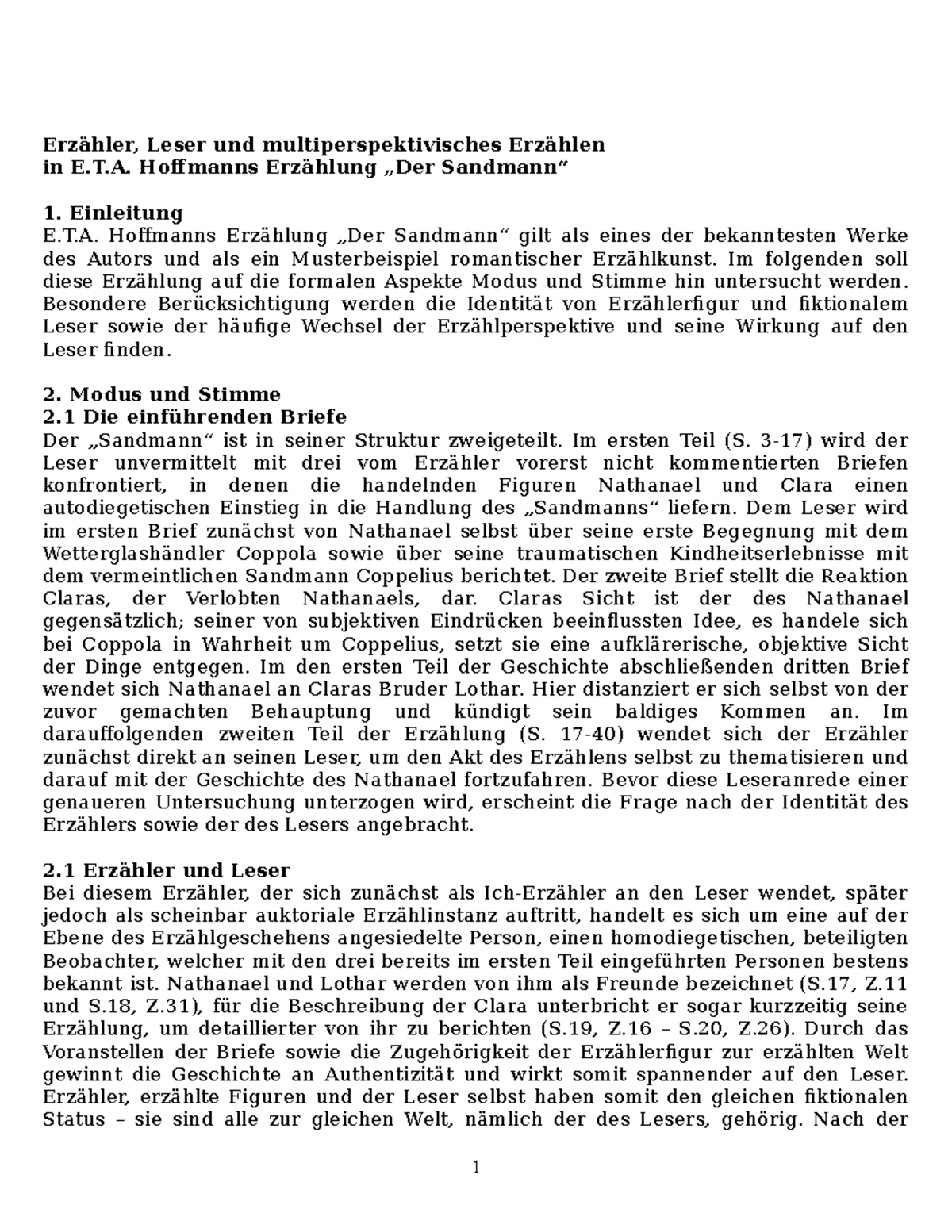 Der Sandmann - Erzähler, Leser und multiperspektivisches Erzählen in E ...