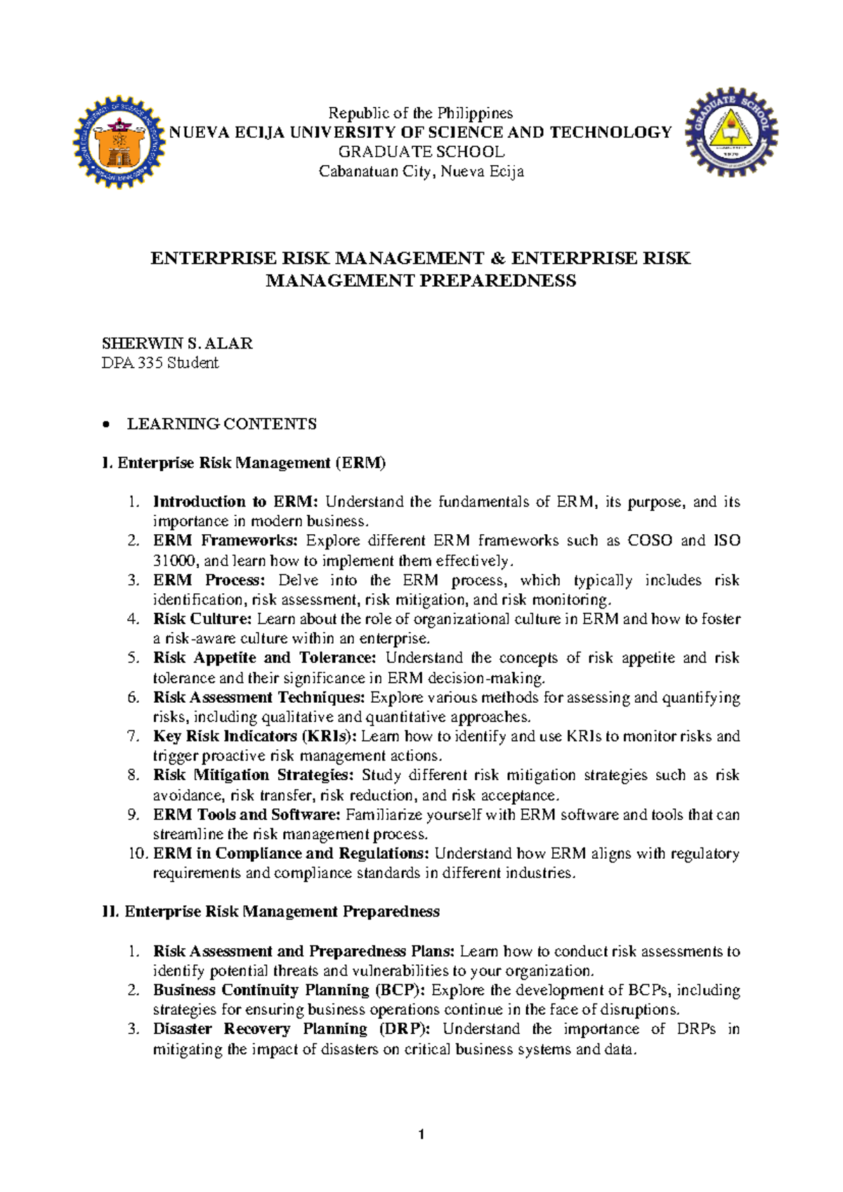 Alar Sherwin Report DPA 335 - Republic of the Philippines NUEVA ECIJA UNIVERSITY OF SCIENCE AND ...