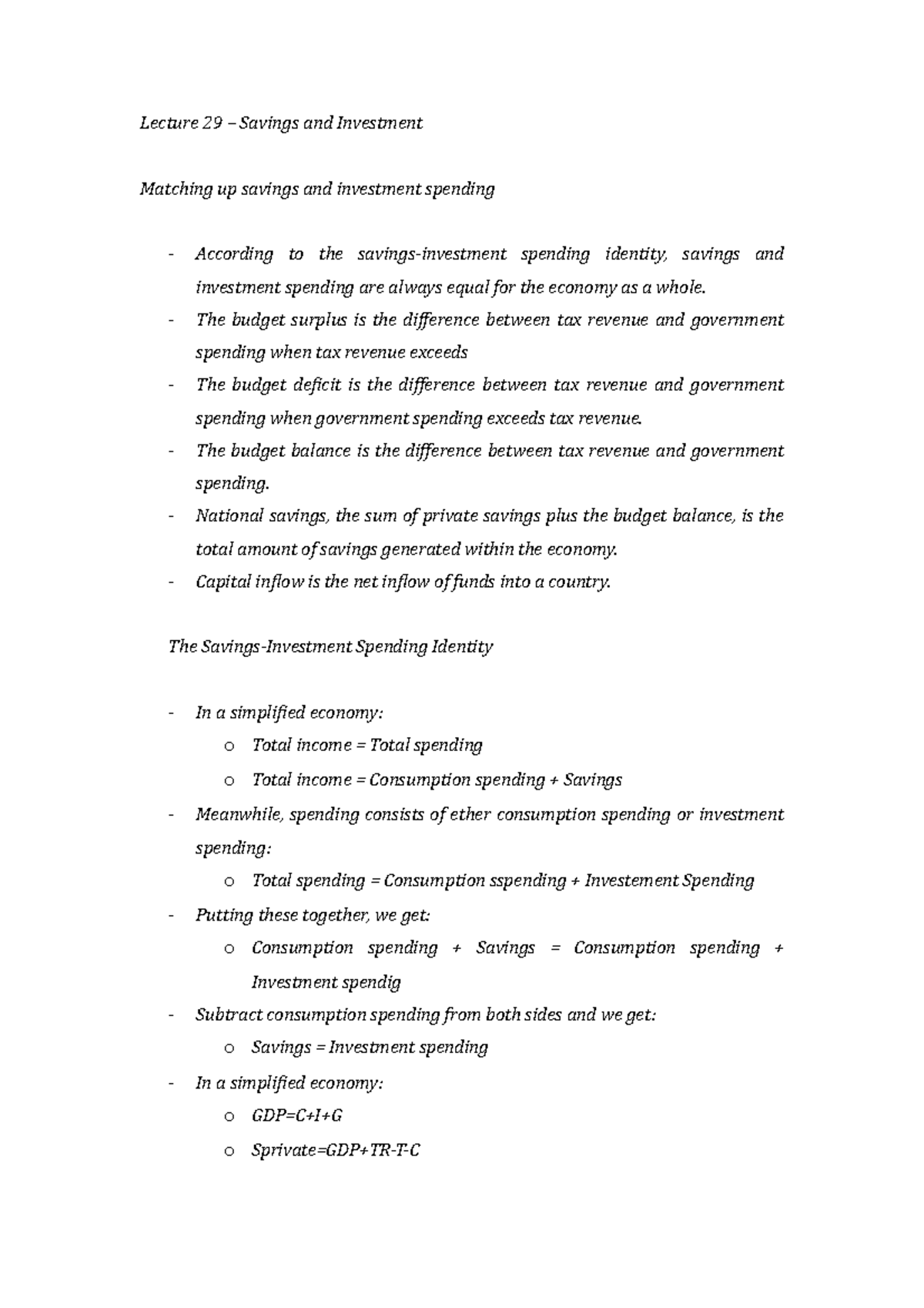 Lecture 29 – Savings and Investment - Lecture 29 – Savings and ...