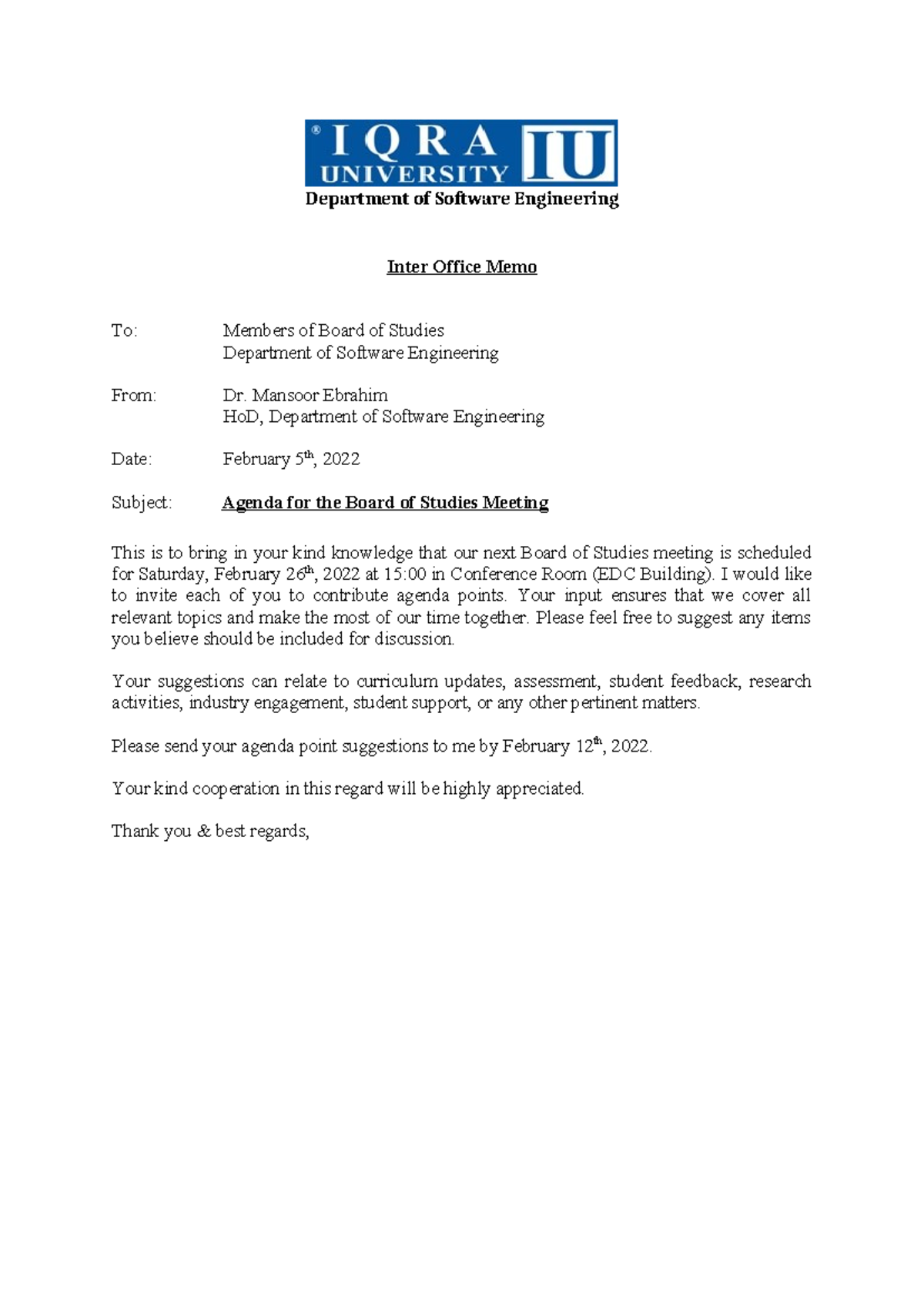 Sample BOS Memo - Department of Software Engineering Inter Office Memo ...