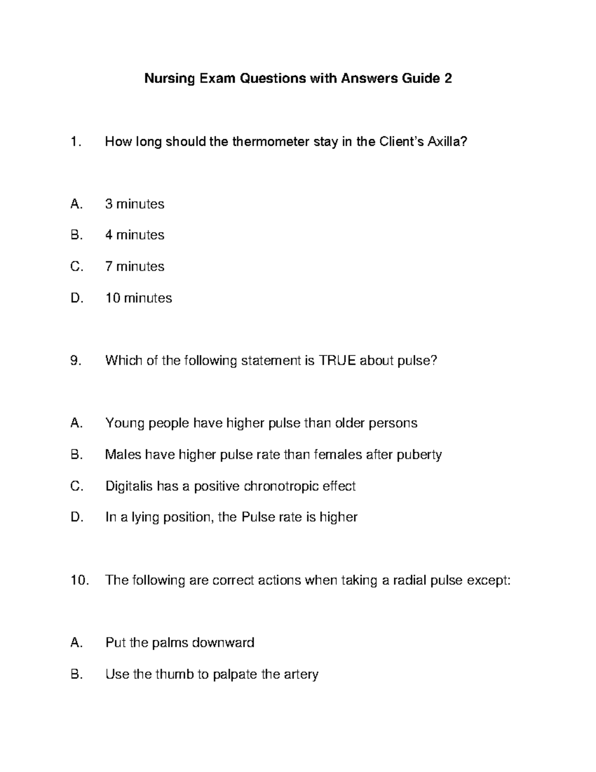 Nursing Exam Questions with Answers Guide 2 - 3 minutes B. 4 minutes C ...