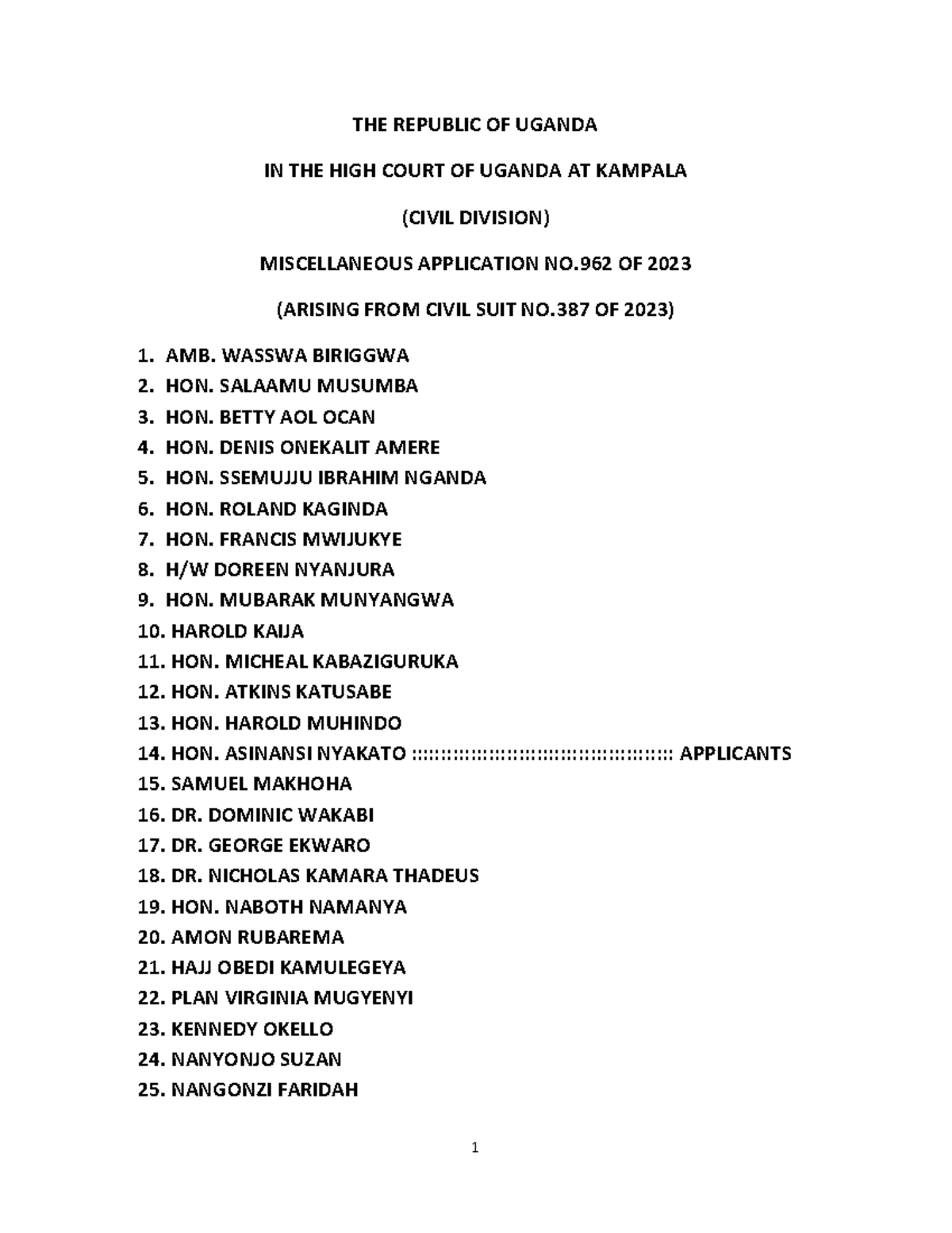Ruling Amb. Wasswa Biriggwa & 27 Others vs Boniface Toterebuka Bamwenda ...