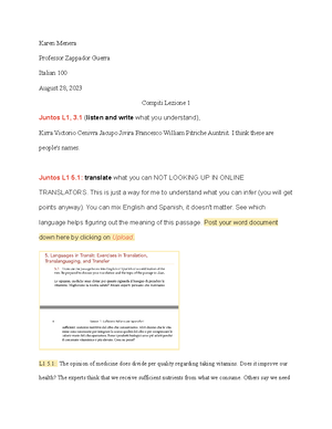 Compiti lezione 4 - italian assignment - Juntos L5 3 (read the ...