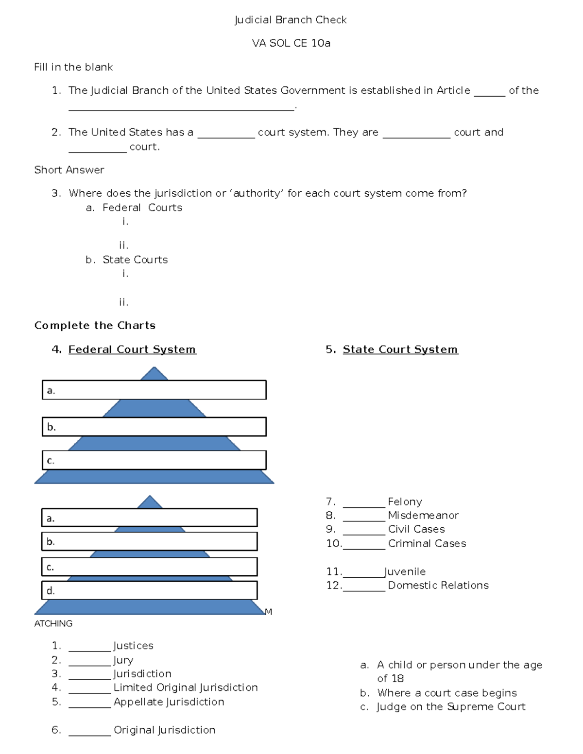 Judicial Branch Quiz 1 - Judicial Branch Check VA SOL CE 10a Fill in ...