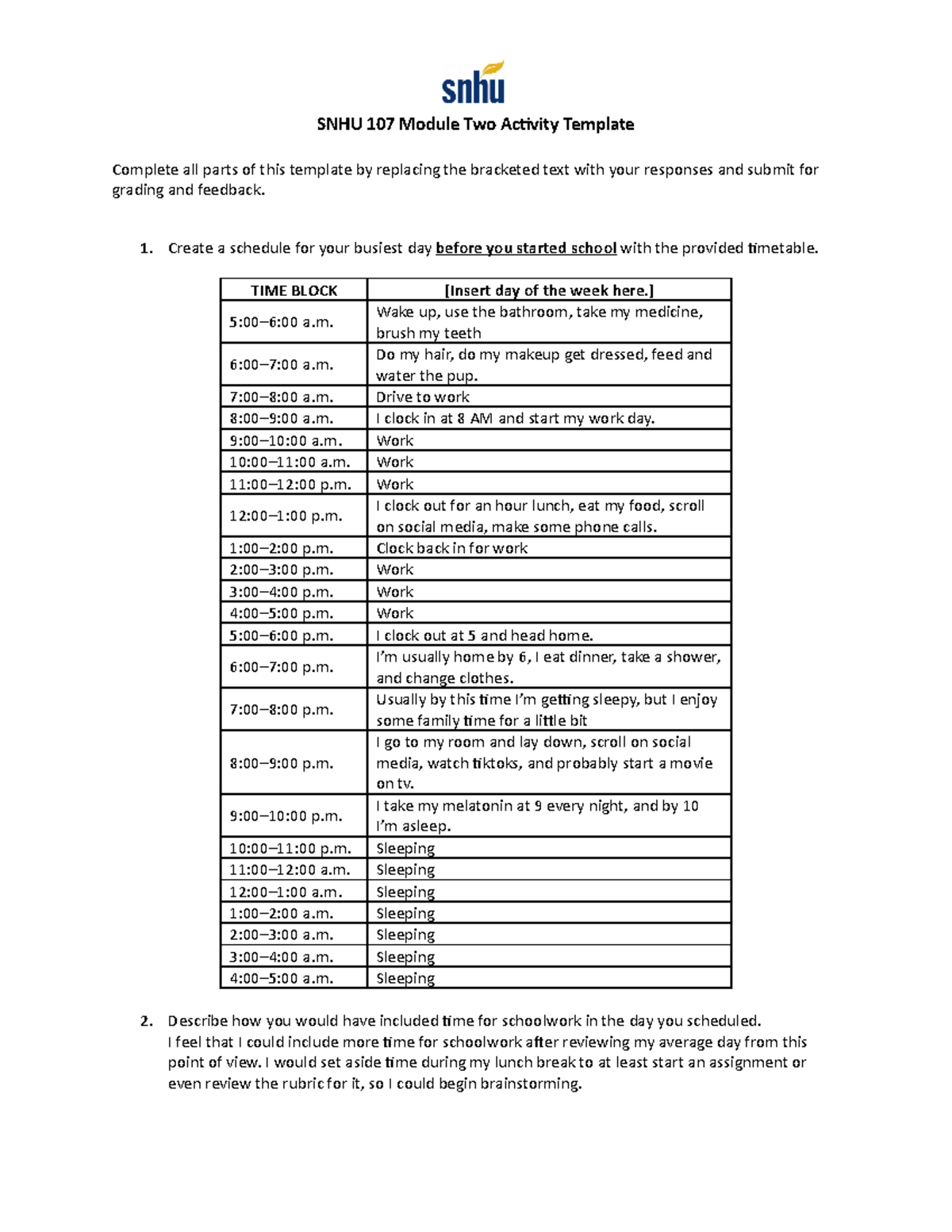 03-13-22 Schedule on average day - SNHU 107 Module Two Activity ...