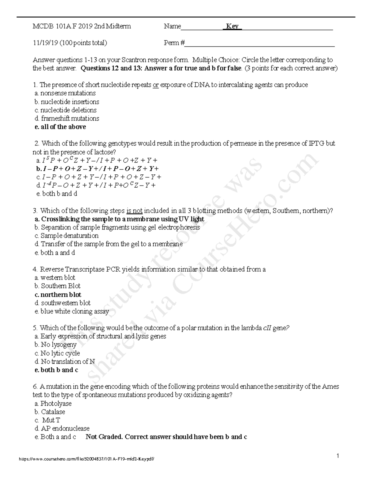 19 - study - 1 MCDB 101A F 2019 2nd Midterm Name_____________Key___________________________ 11 ...