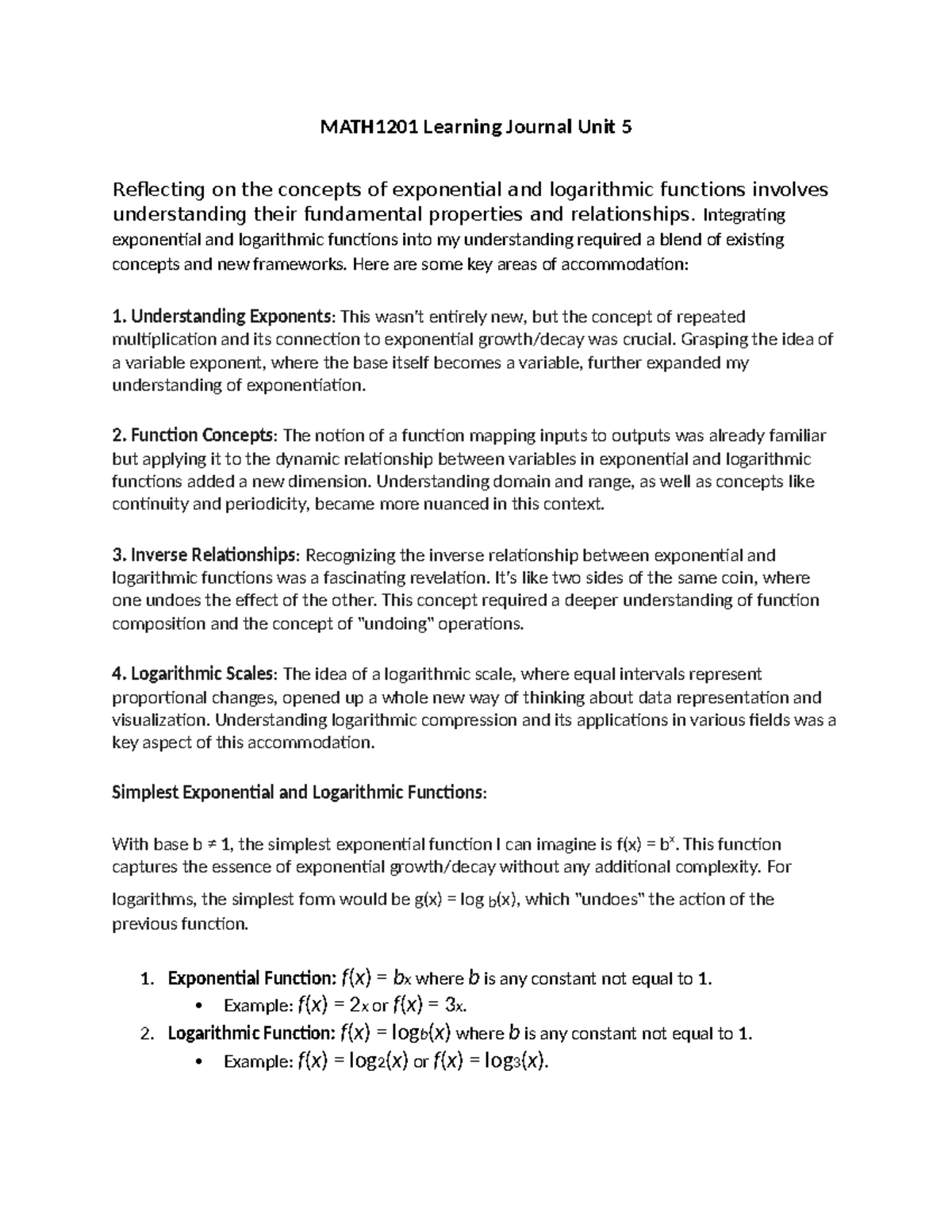 MATH1201 Learning Journal Unit 5 - Integrating exponential and logarithmic functions into my ...
