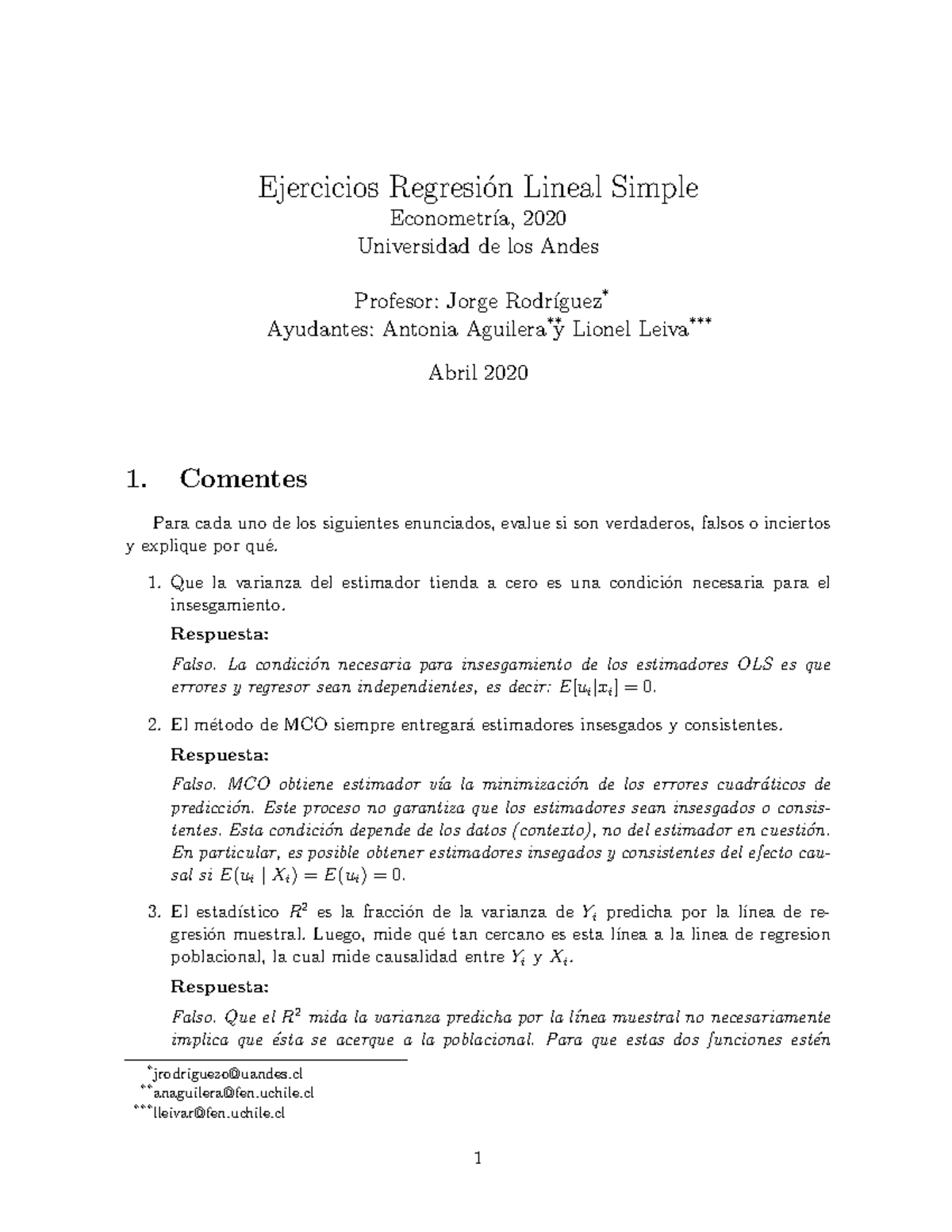 Guia 1 Pauta - GUIA - Ejercicios Regresi ́on Lineal Simple Econometr ́ıa, 2020 Universidad de ...