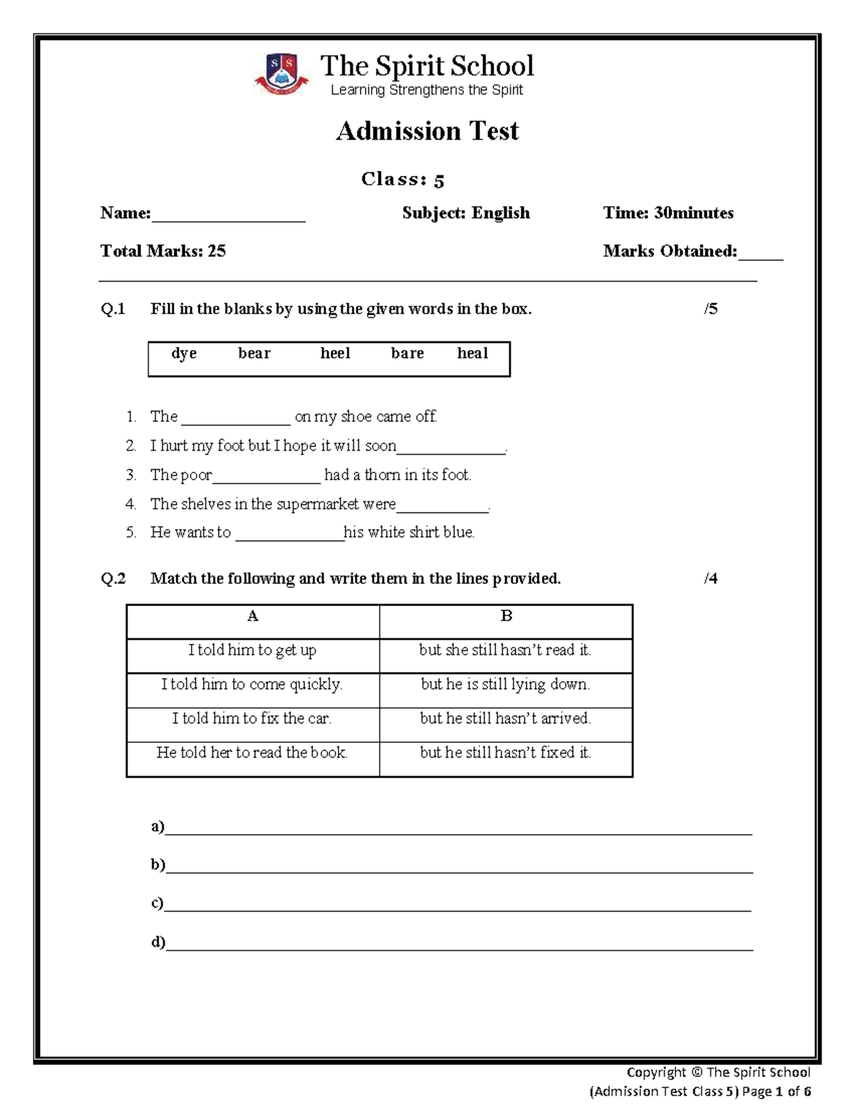 5 Class, Admission Test - Learning Strengthens the Spirit Admission ...