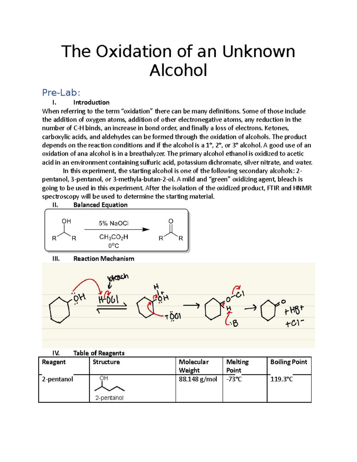 Experiment #1- CHEM 2212 - The Oxidation of an Unknown Alcohol Pre-Lab ...
