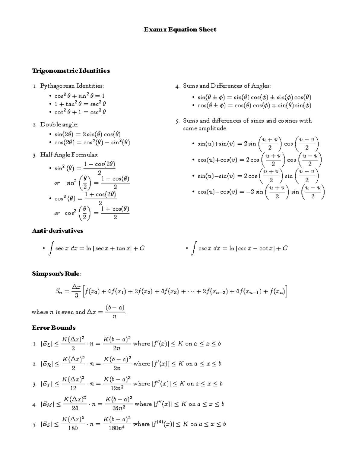 Exam1 Equation Sheet - Exam 1 Equation Sheet Trigonometric Identities Pythagorean Identities ...