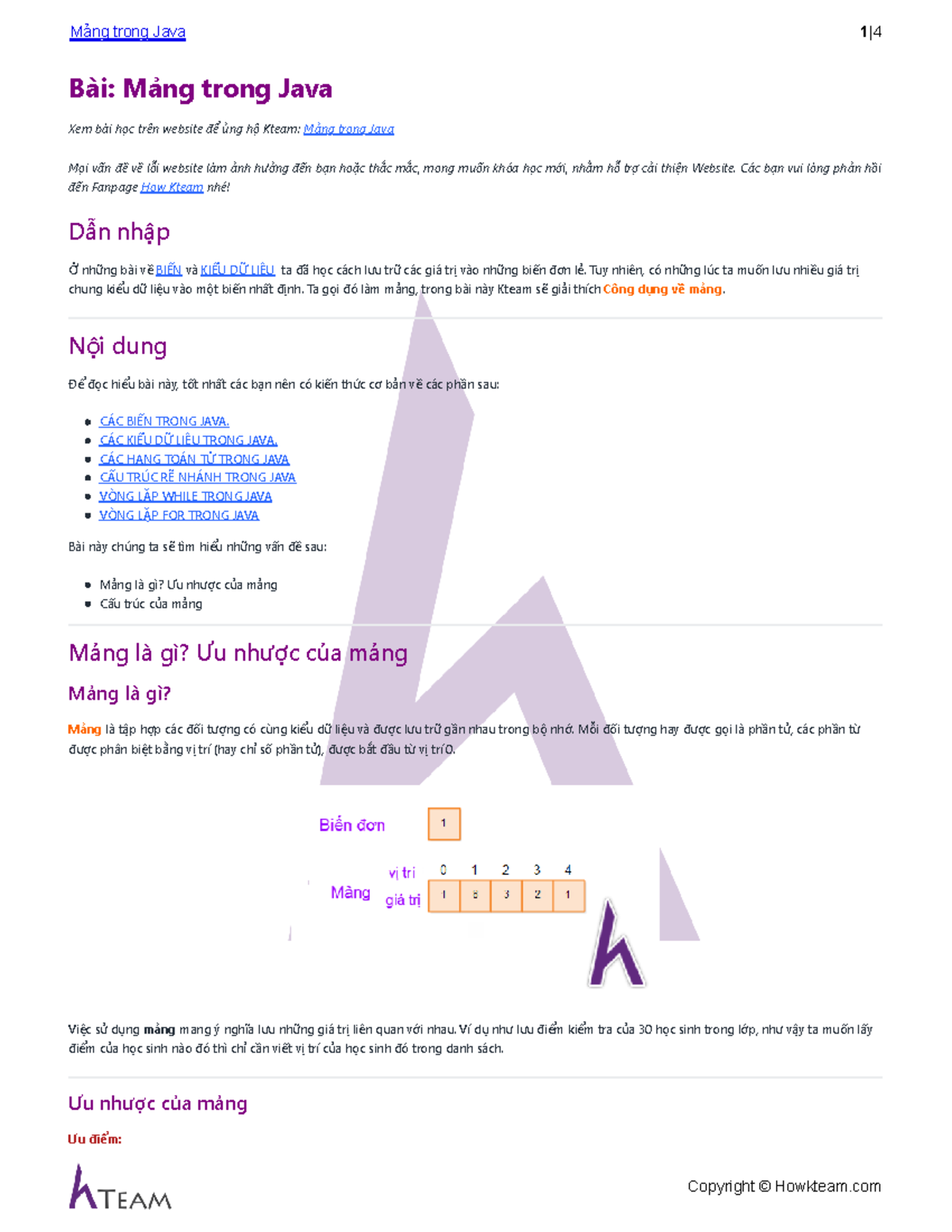 Mảng Trong Java Bài Mảng Trong Java Xem Bài Học Trên Website để ủng Hộ Kteam Mảng Trong Java