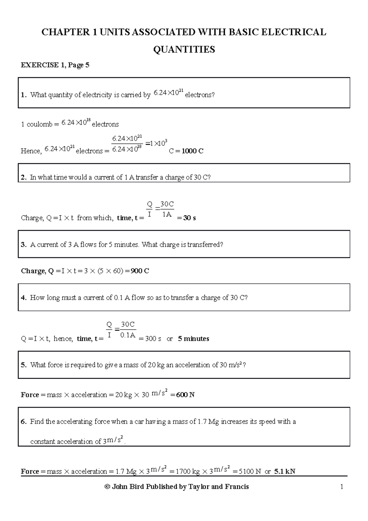 Chapter 1 - none - CHAPTER 1 UNITS ASSOCIATED WITH BASIC ELECTRICAL QUANTITIES EXERCISE 1, Page ...
