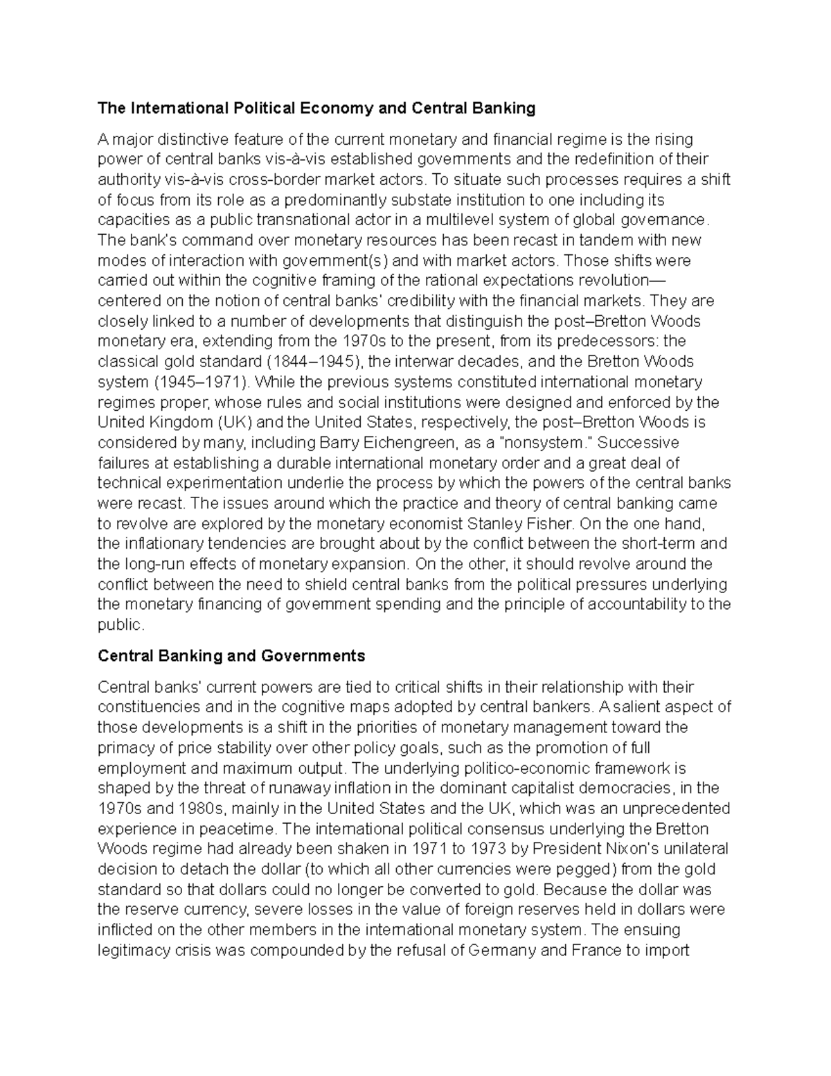 The International Political Economy and Central Banking - To situate ...