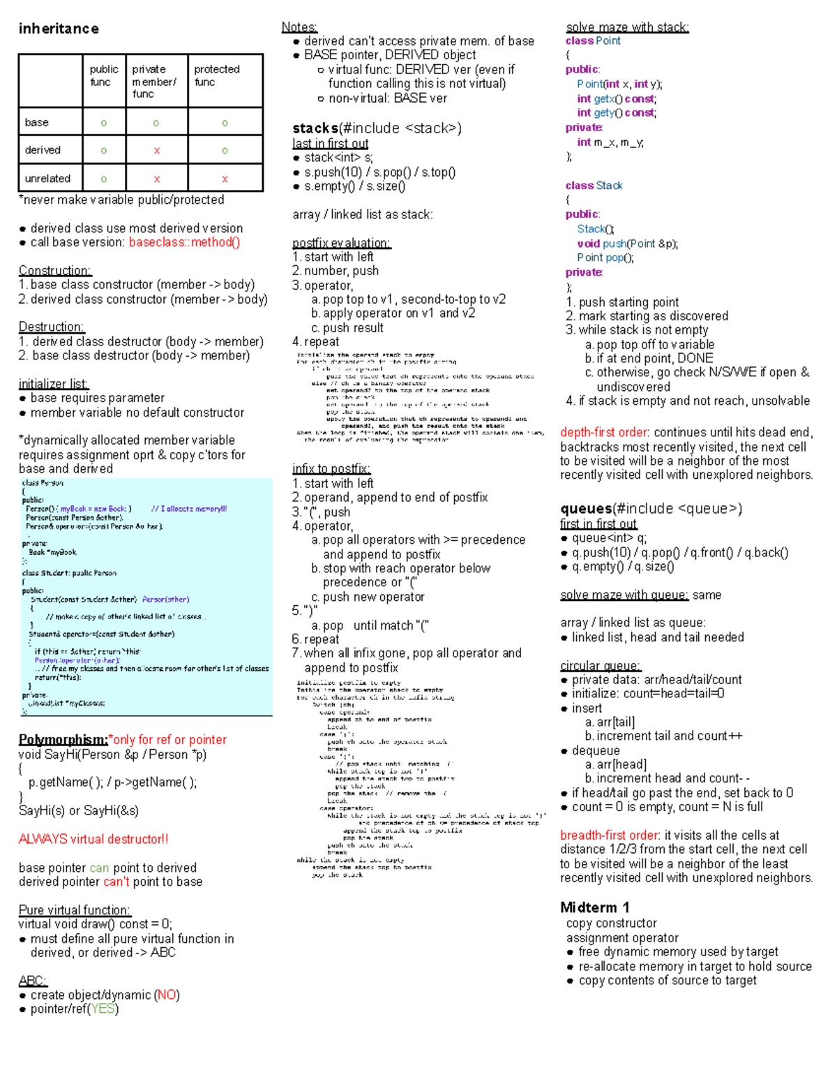 Cs 32 Cheatsheet Midterm 2 Inheritance Public Func Private Member Func Protected Func Base O