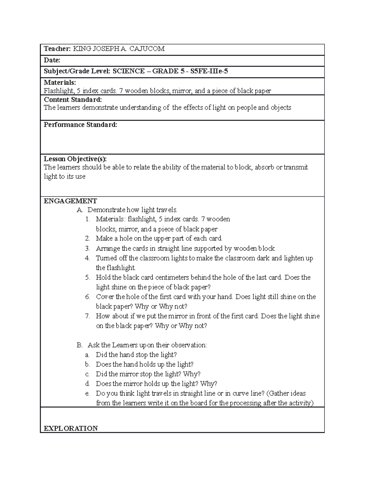 DLP- Force 2 - 5E MODEL LESSON PLAN - Teacher: KING JOSEPH A. CAJUCOM ...