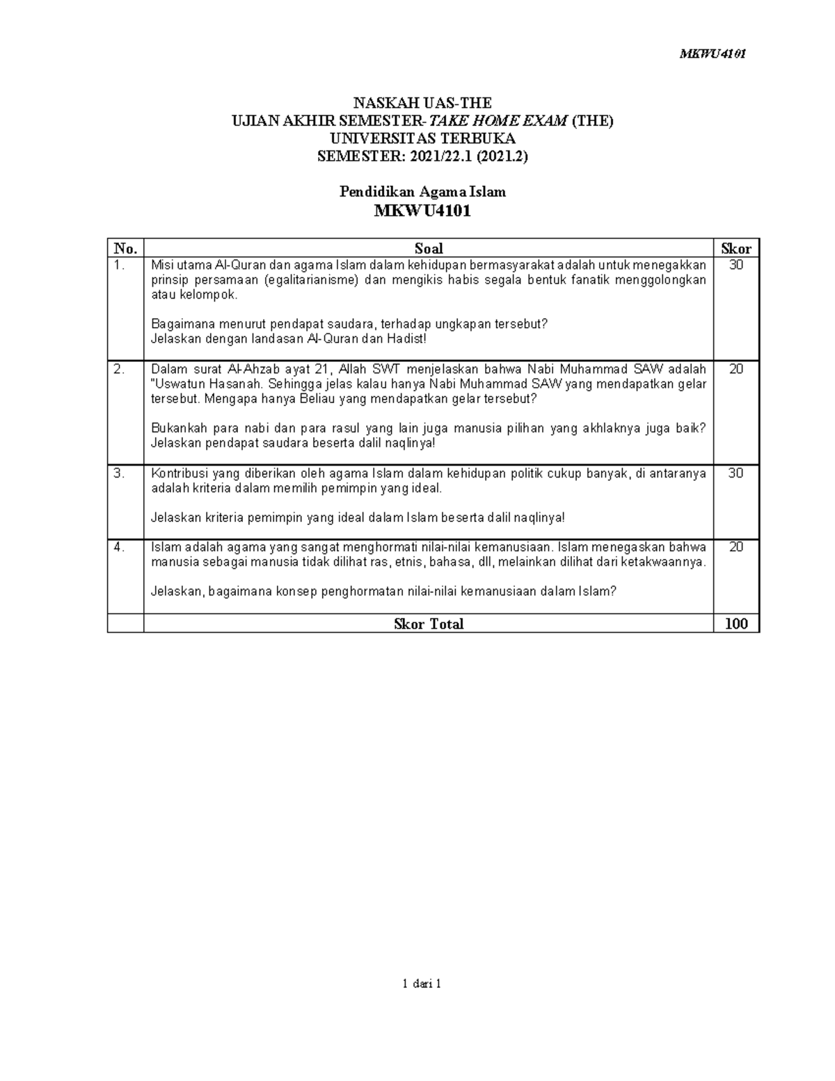Naskah MKWU4101 the 1 - MKWU 1 dari 1 NASKAH UAS-THE UJIAN AKHIR ...