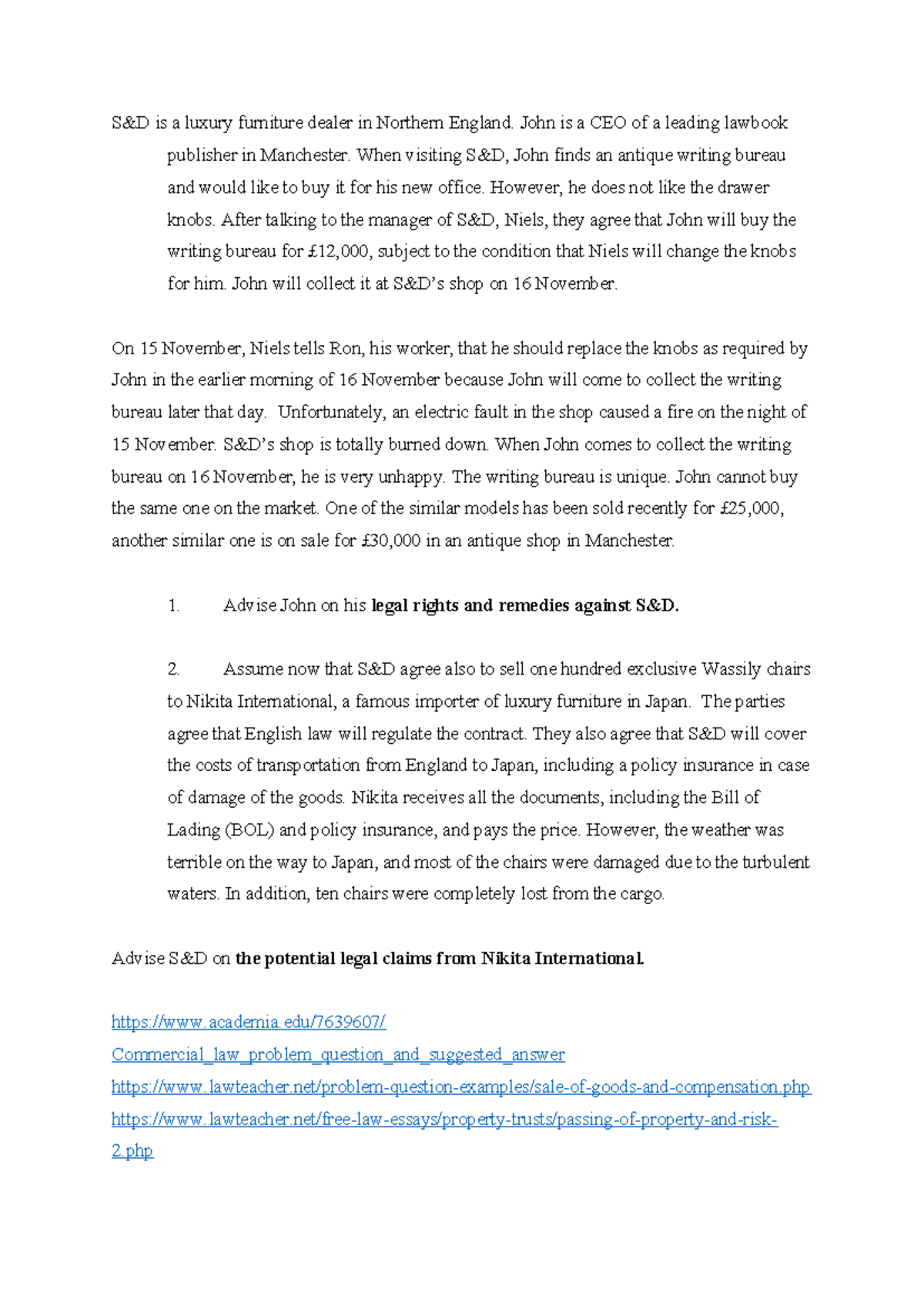 Plan - Problem question essay plan - S&D is a luxury furniture dealer ...