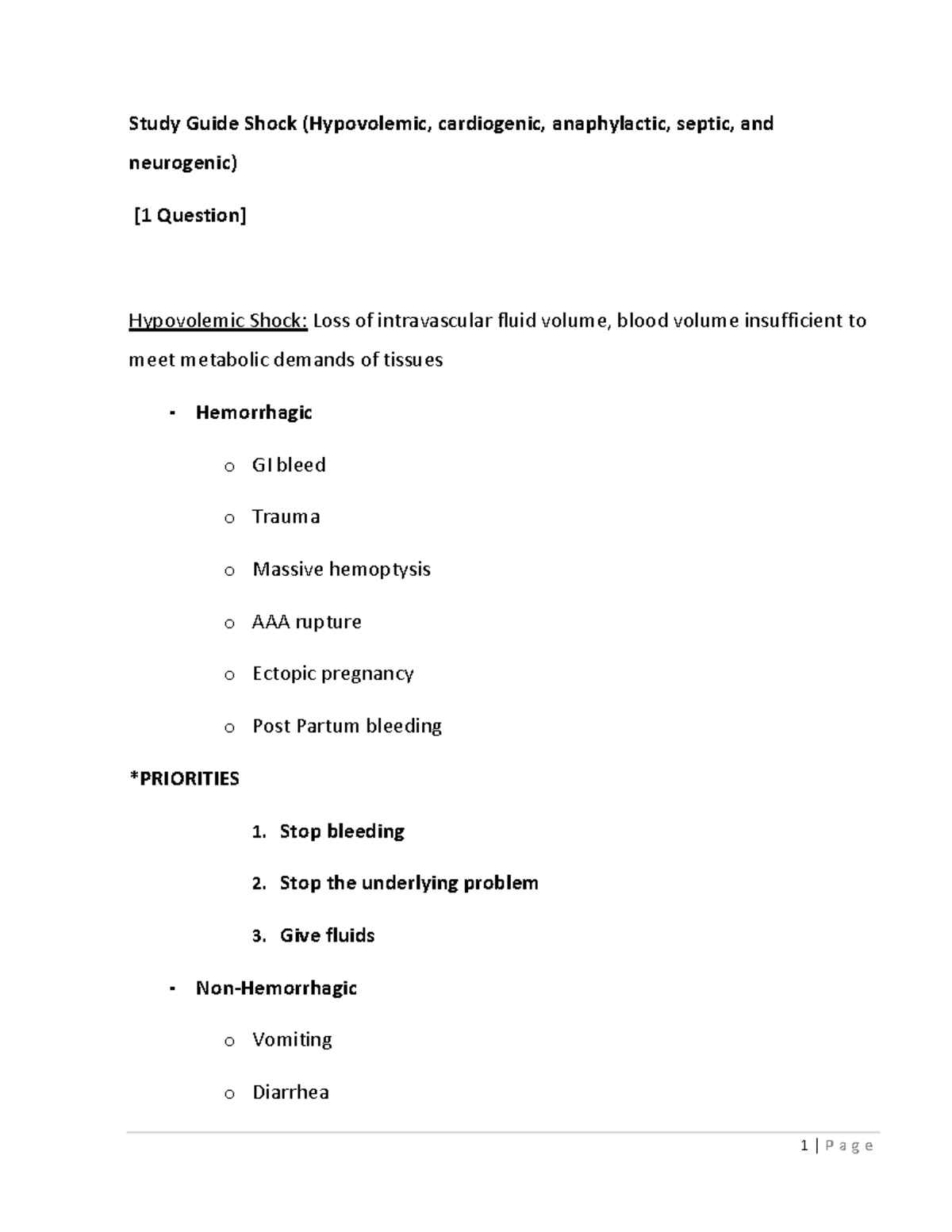 Study Guide Shock (Hypovolemic, cardiogenic, anaphylactic, septic, and ...