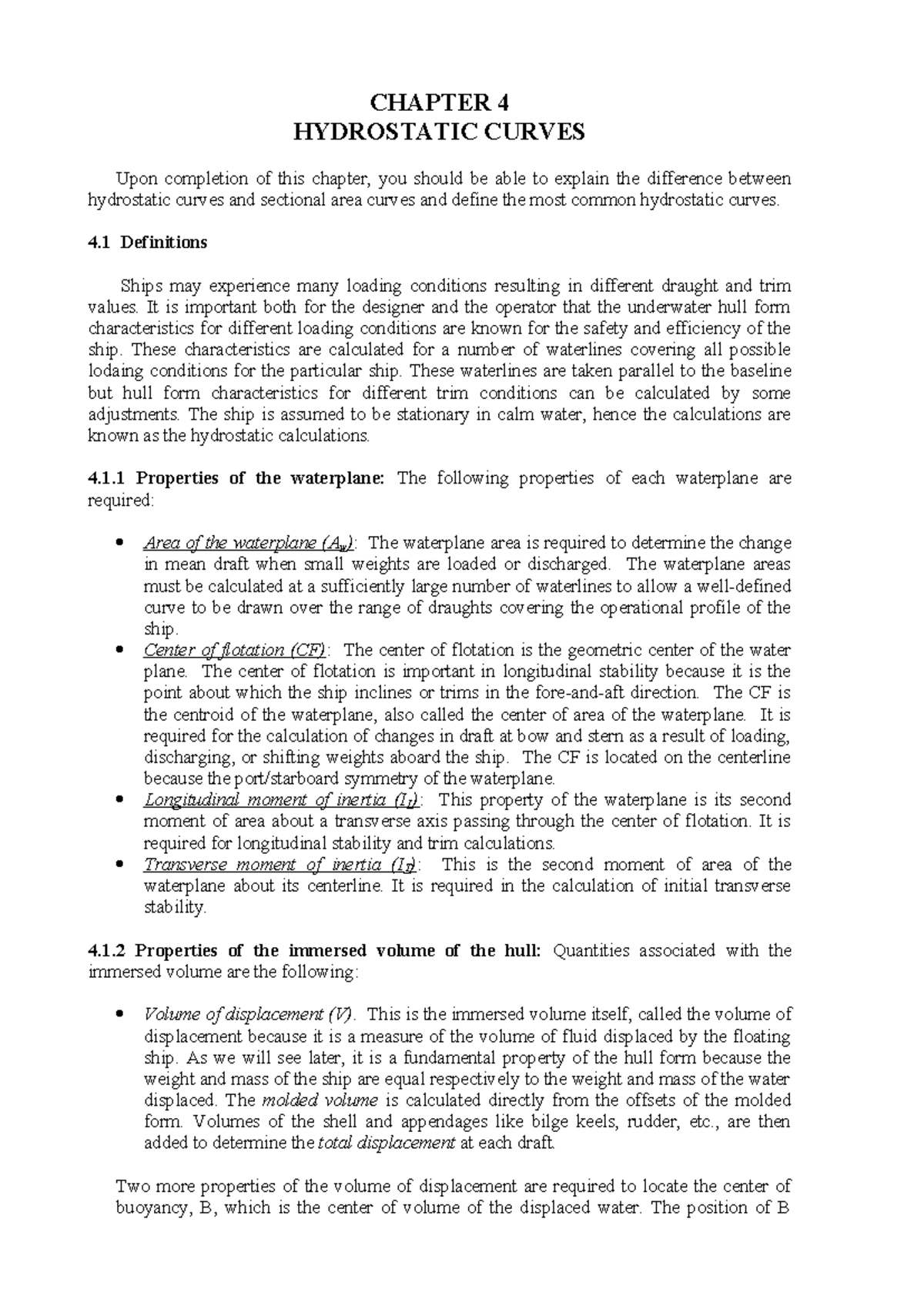 Hydro Chapter 4 - CHAPTER 4 HYDROSTATIC CURVES Upon completion of this ...