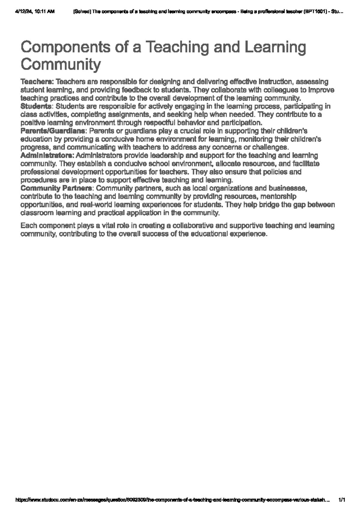 Components of teaching and learning community - HFLS001 - Studocu