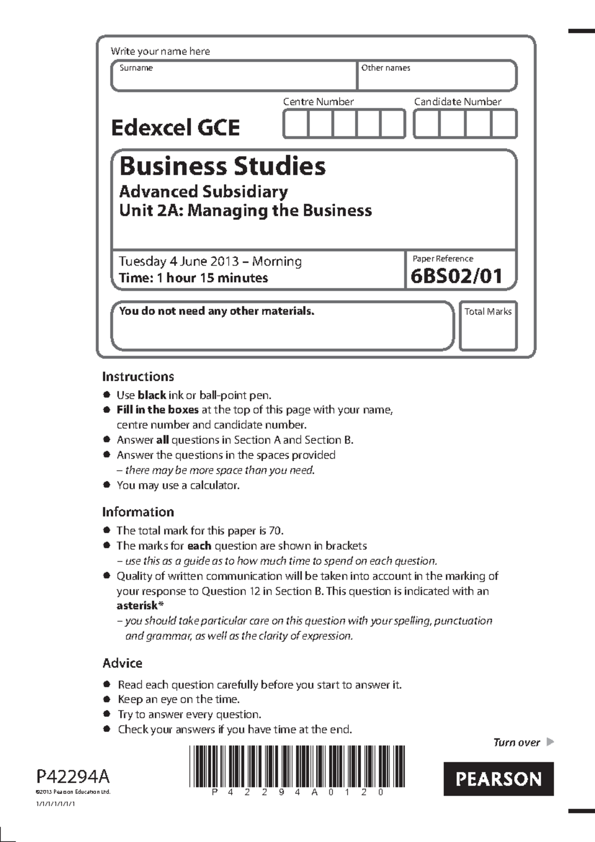 Find Out - Edexcel GCE You do not need any other materials. Centre ...