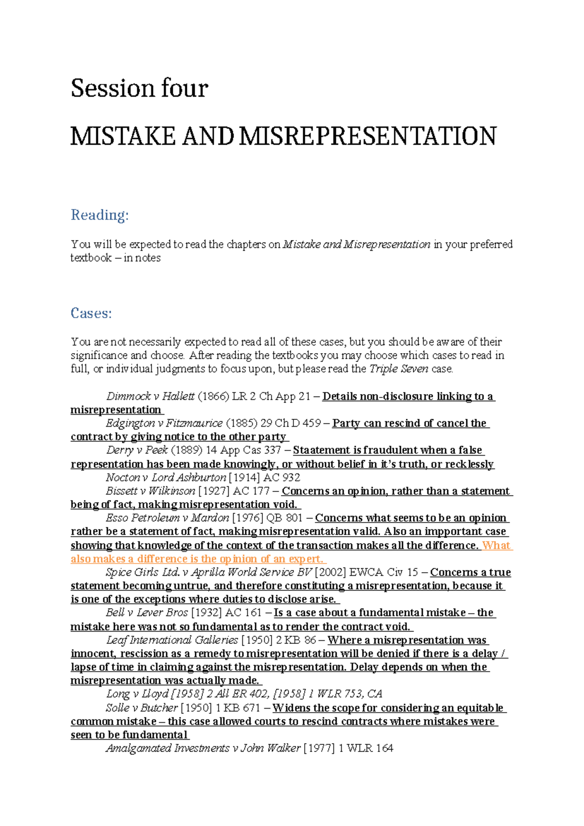 4 - misrep and mistake - Session four MISTAKE AND MISREPRESENTATION ...