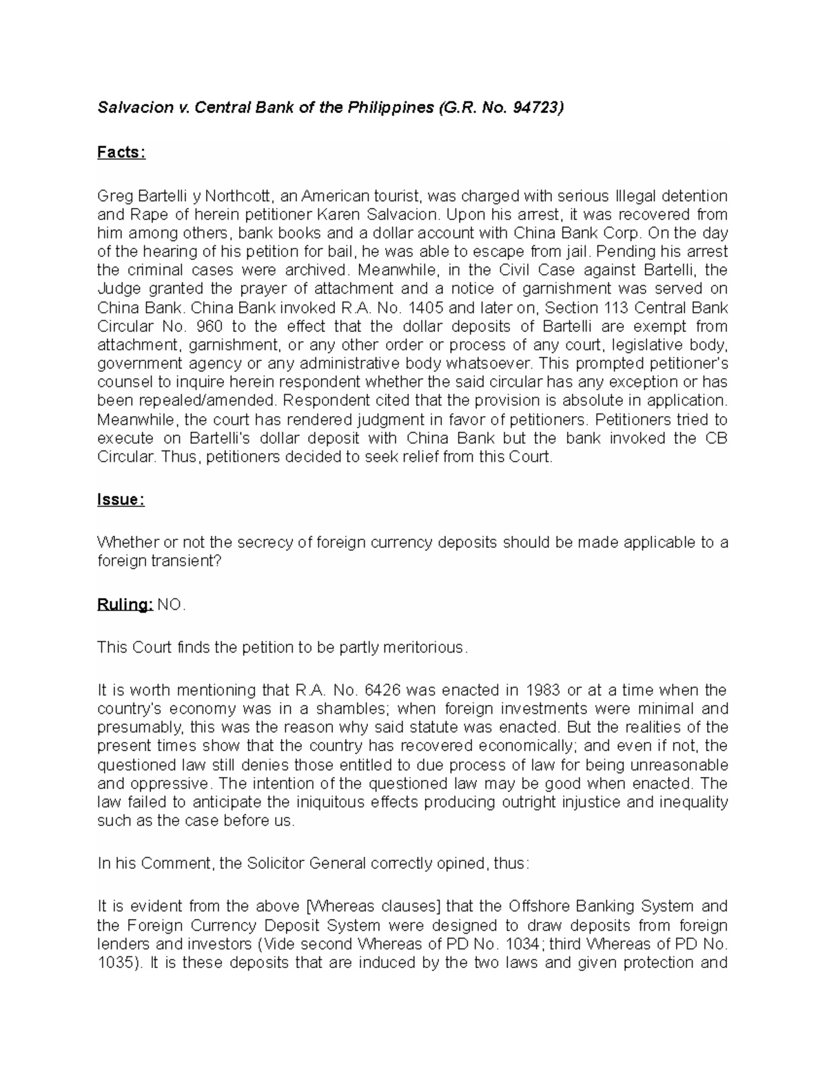 Salvacion vs. Central Bank of the Philippines, China Banking ...