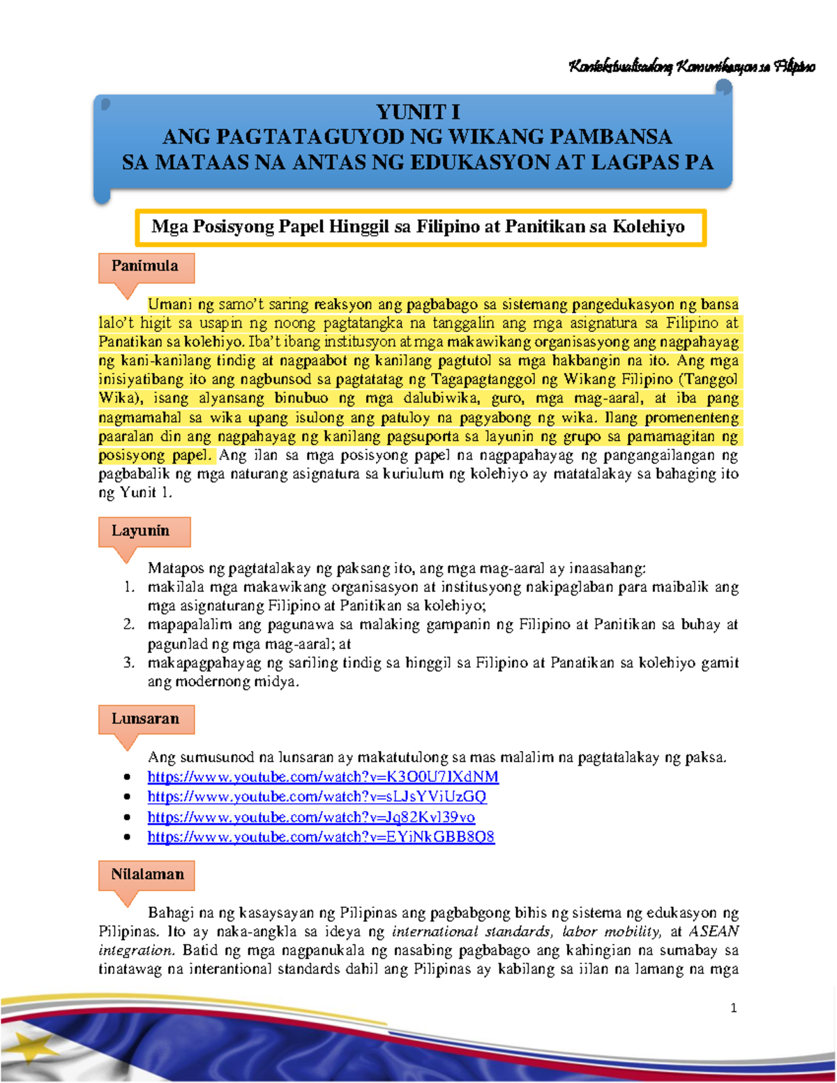 Fili 101-Kontekstwalisadong Komunikasyon sa Filipino - YUNIT I ANG PAGTATAGUYOD NG WIKANG ...
