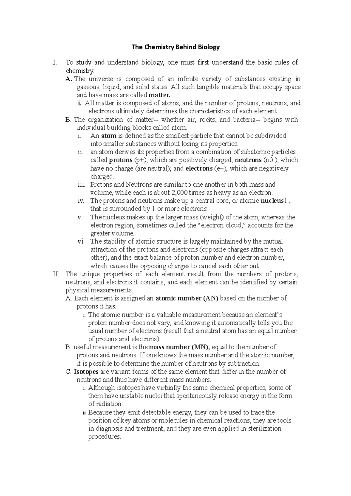 The Chemistry Behind Biology Notes - The Chemistry Behind Biology I. To ...