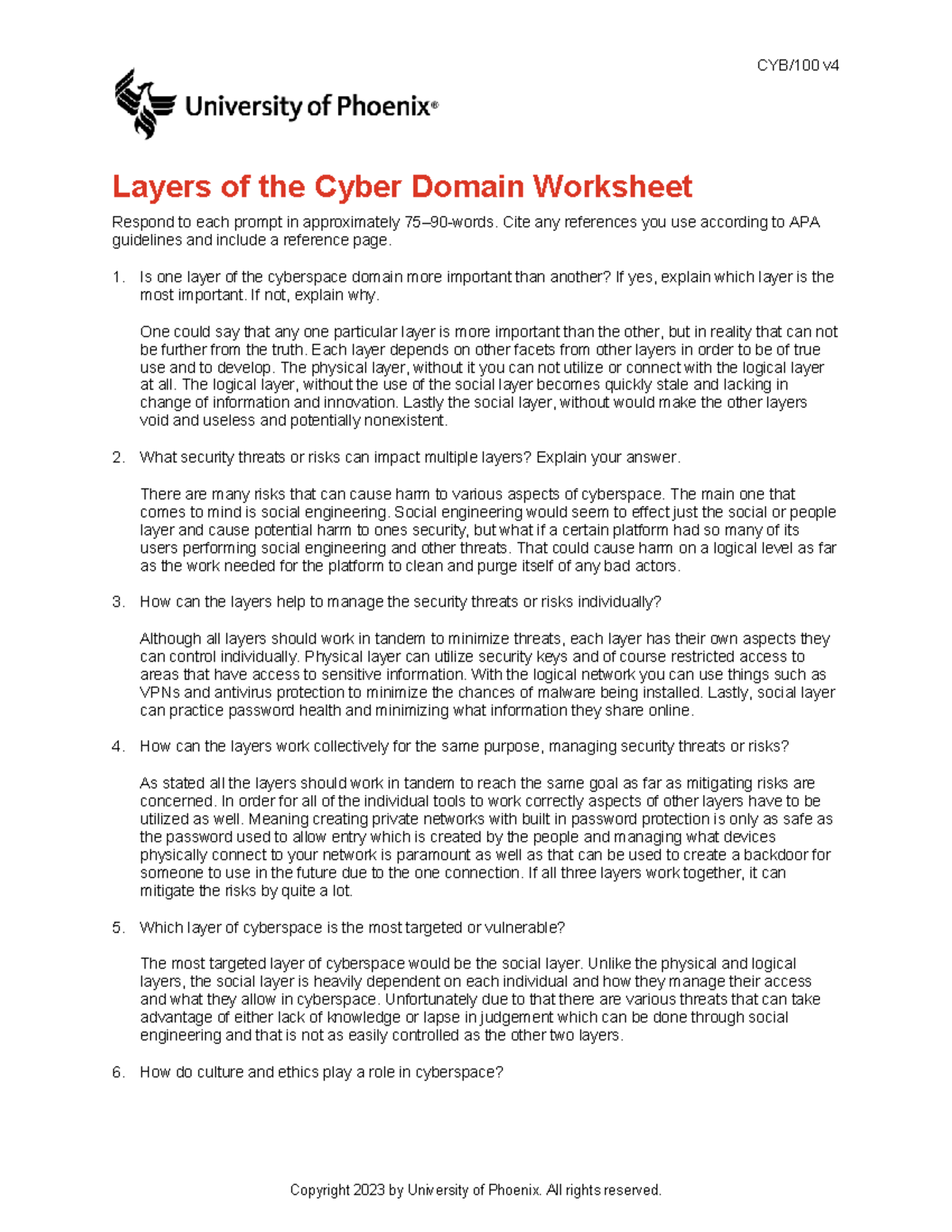 Cyb100 v4 wk2 SA worksheet - CYB/100 v Layers of the Cyber Domain ...