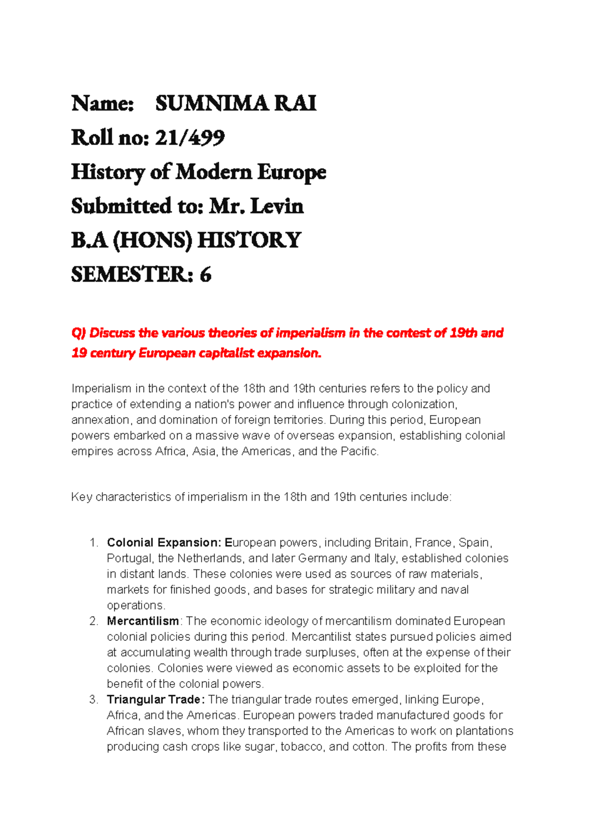 History OF Modern Europe Assignment - Imperialism in the context of the ...