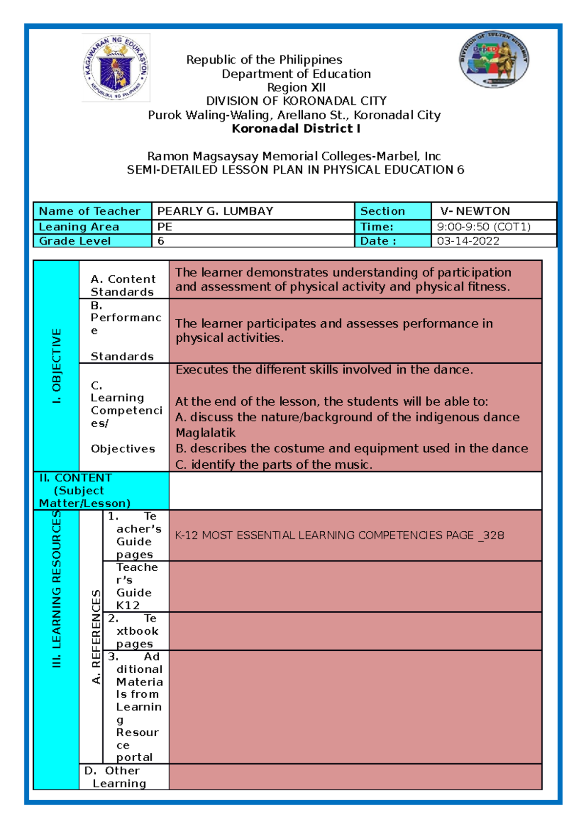 Lesson PLAN Nature OF Maglalatik Auto Recovered - Republic of the ...