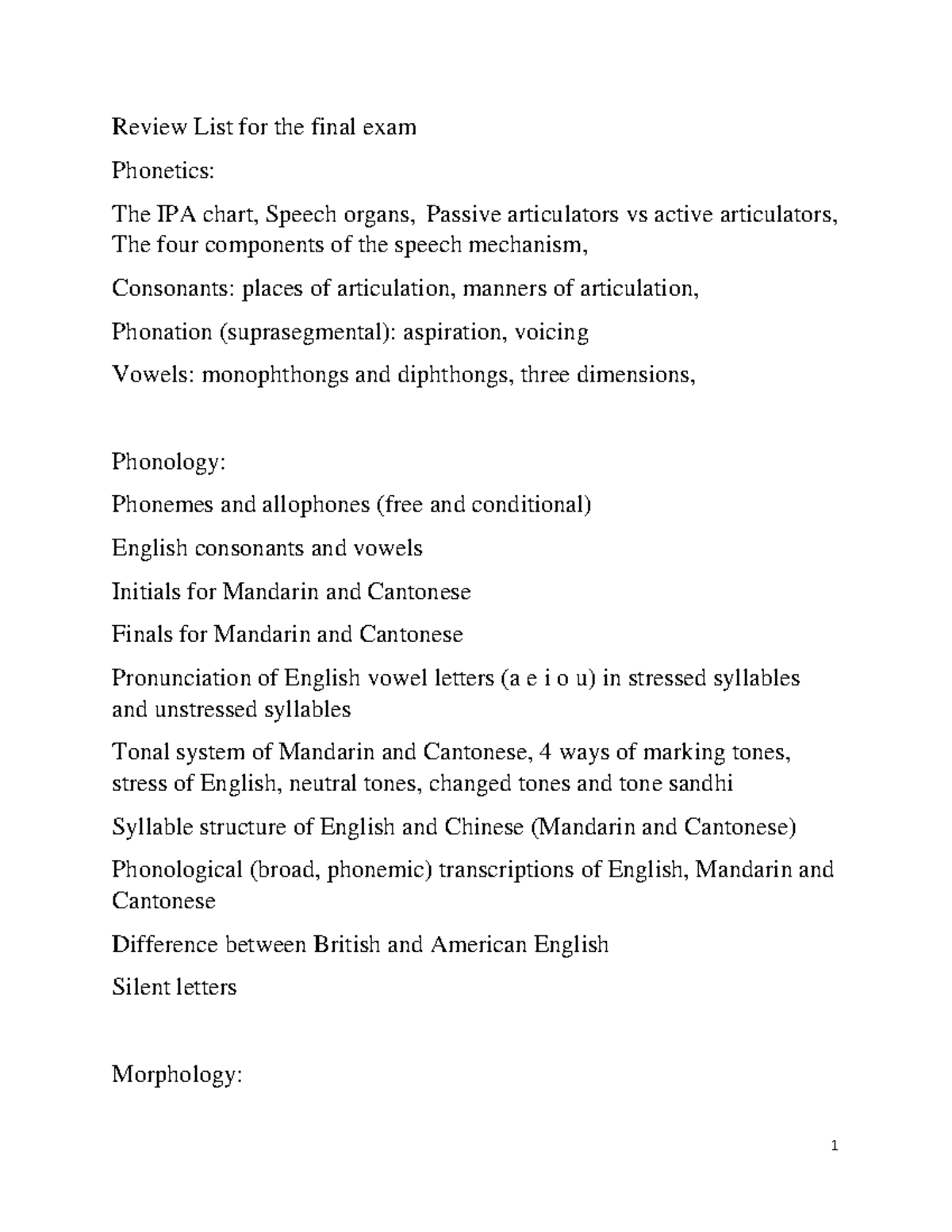 Review list - Summary Introduction to Language - Review List for the ...