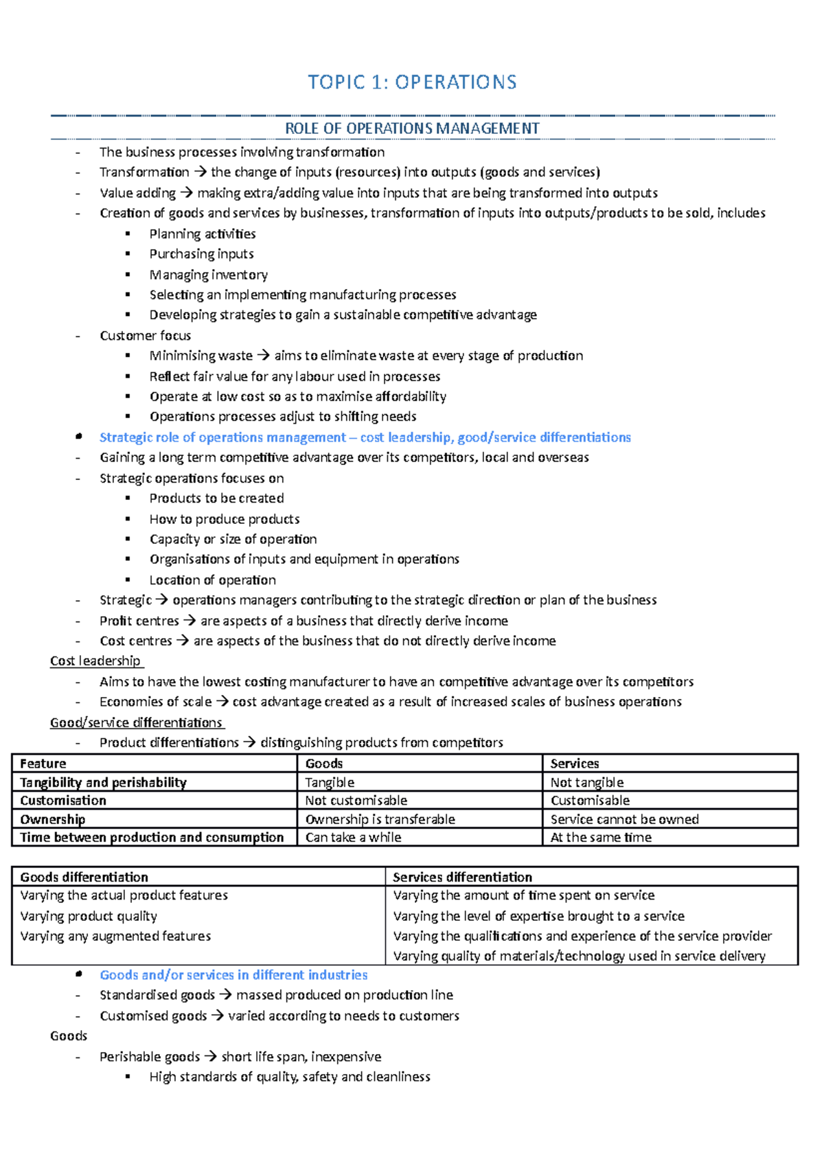Business notes - TOPIC 1: OPERATIONS ROLE OF OPERATIONS MANAGEMENT The ...