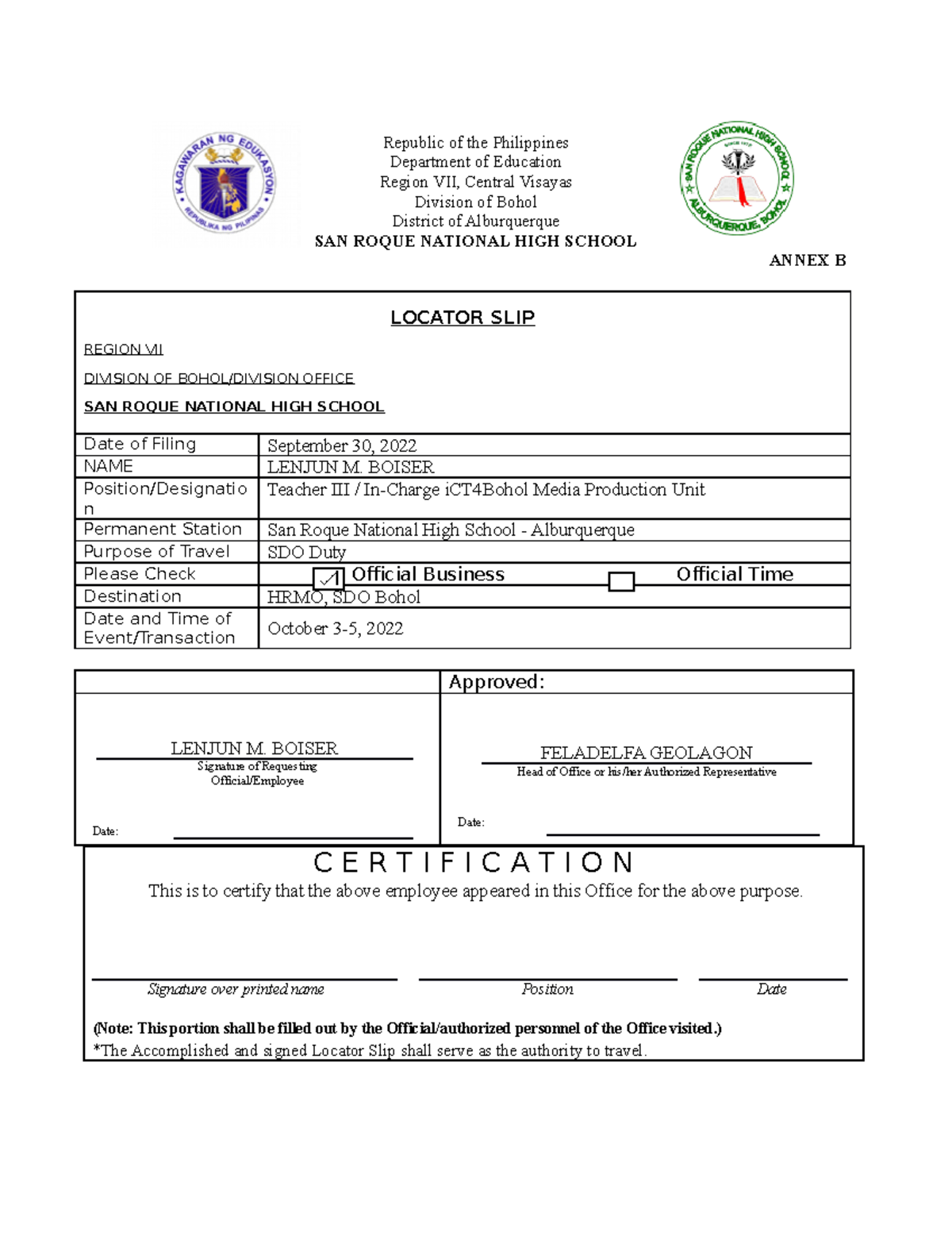 Locator-Slip-Lenjun October 3 - 5, 2022 - Republic of the Philippines ...
