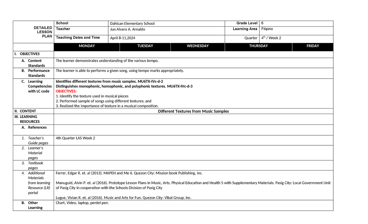 Daily Lesson Log Mapeh Music WEEK 2 1 - DETAILED LESSON PLAN School ...