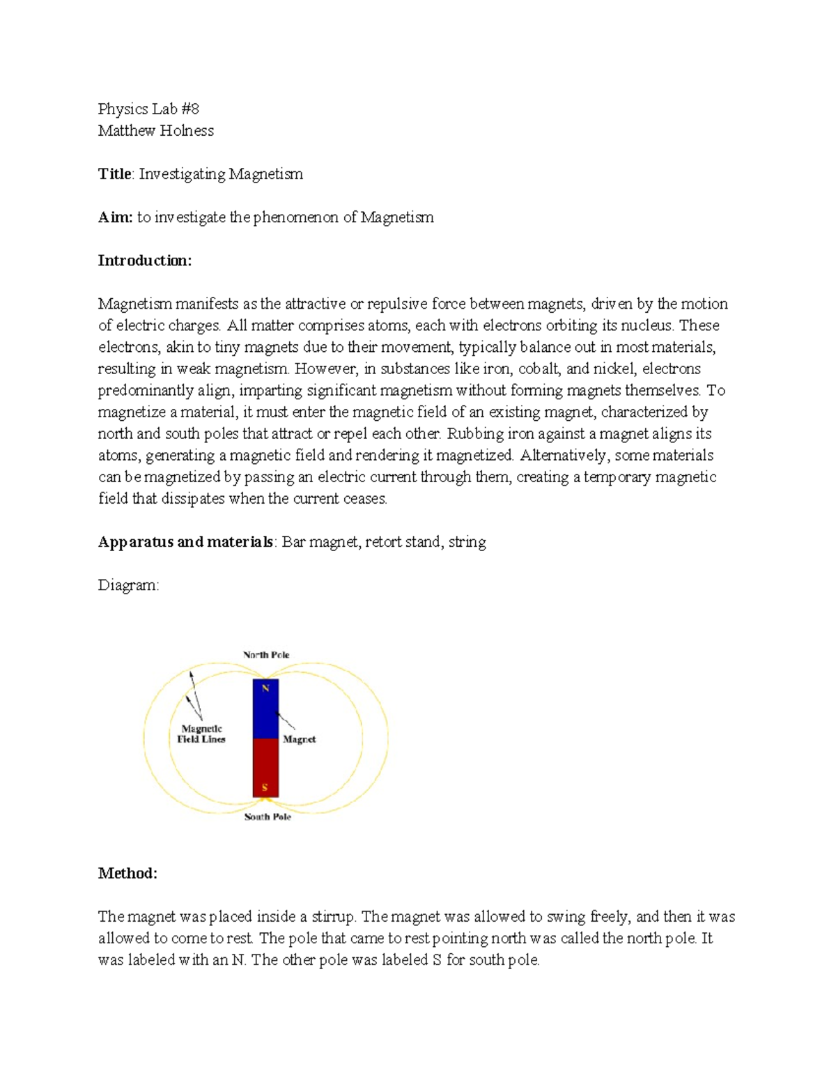 Physics Lab #8 - Magnetism (Matthew Holness) - Physics Lab # Matthew ...