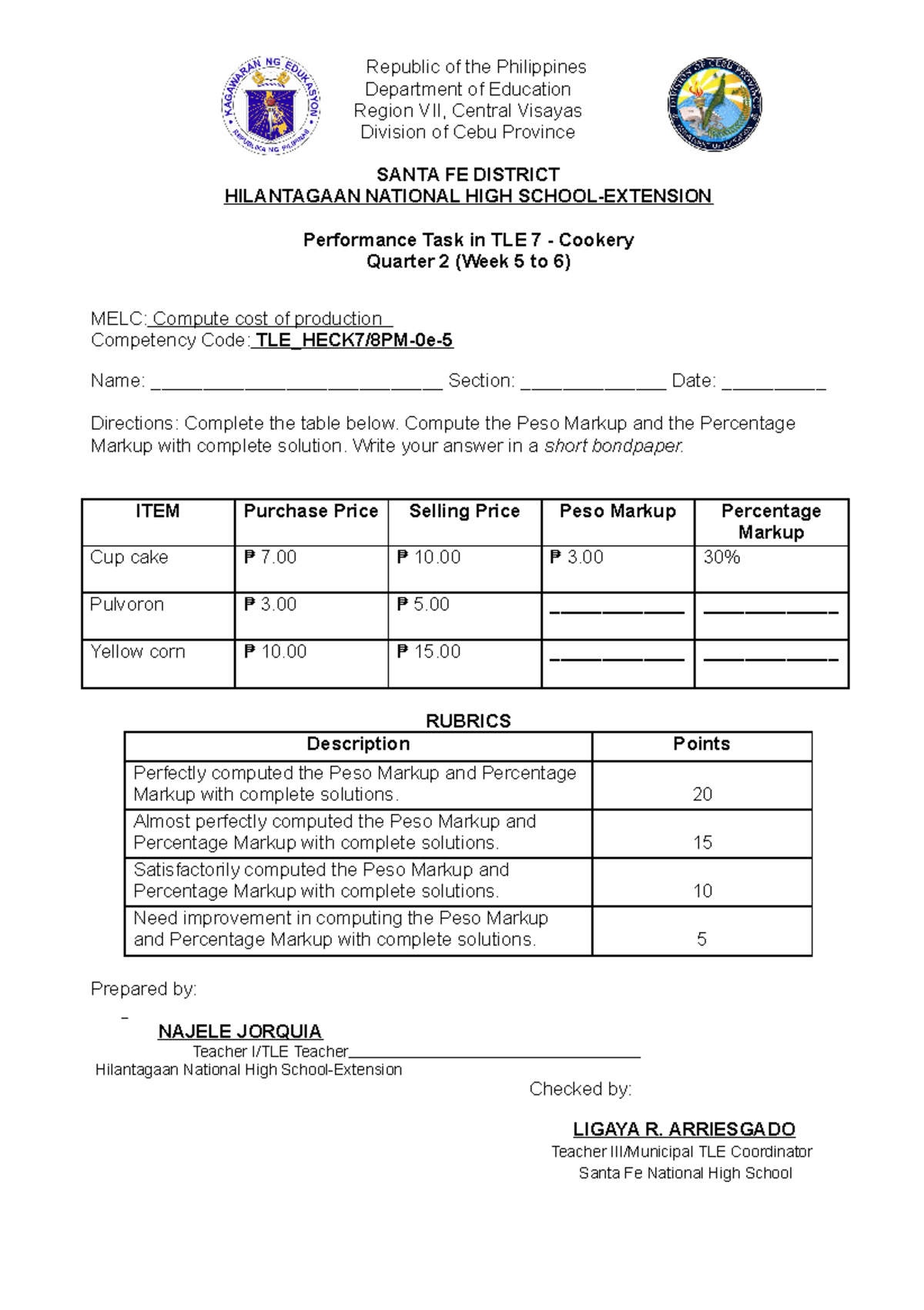 Performance TASK Cookery W5 6 - Republic of the Philippines Department ...
