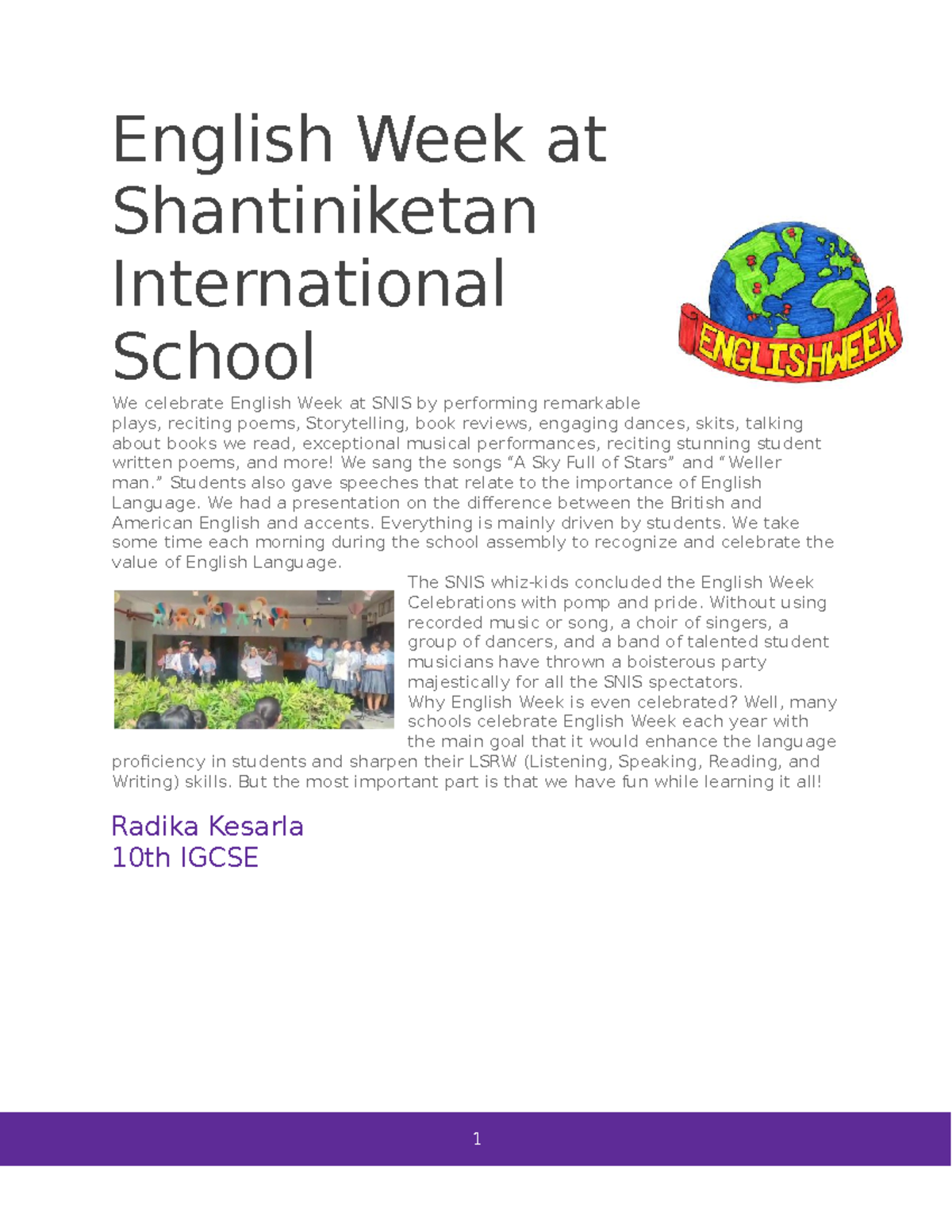 English Week Article - English Week at Shantiniketan International ...