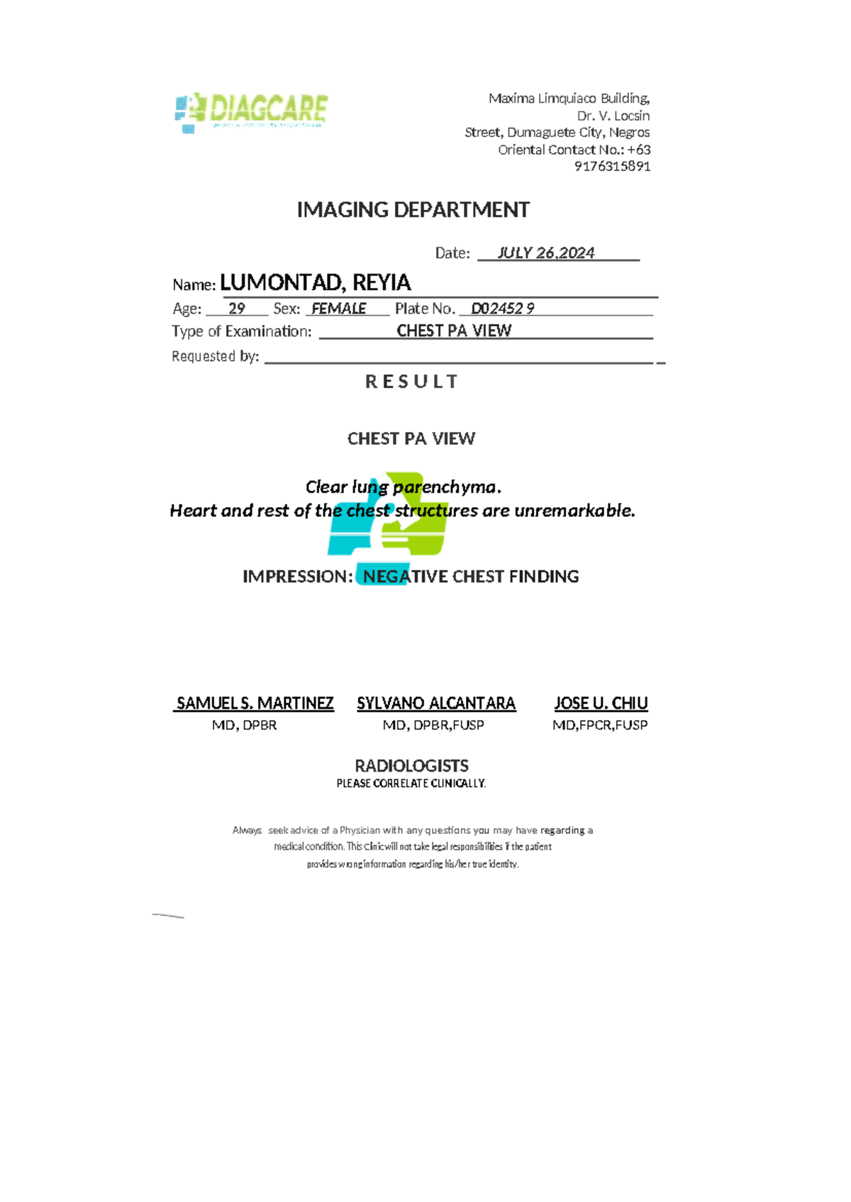 Diagcare Chest Result - hhhhhhhhhhhhhhhhh - Maxima Limquiaco Building ...