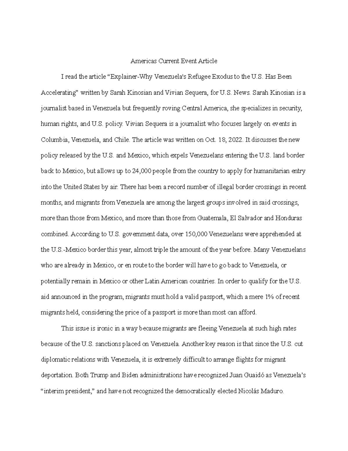 Current event - americas - Americas Current Event Article I read the ...