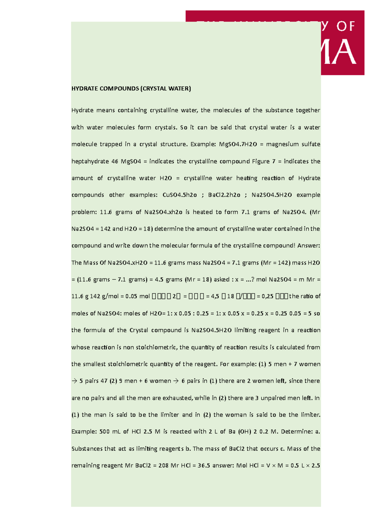 Documents Chemistry - Hydrate Compounds ( Crystal Water) - HYDRATE ...