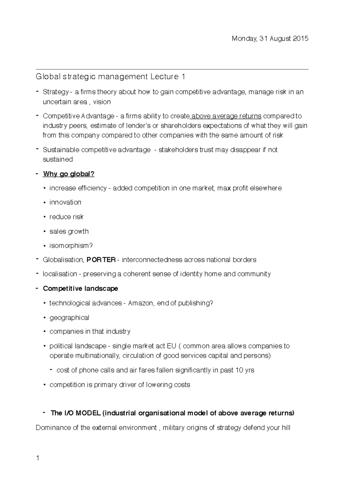 GSM lecture 1 notes - global strategic management - Global strategic ...
