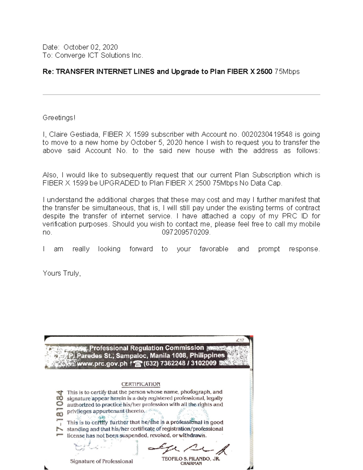 Letter of Request to Transfer Sitev - Date: October 02, 2020 To ...