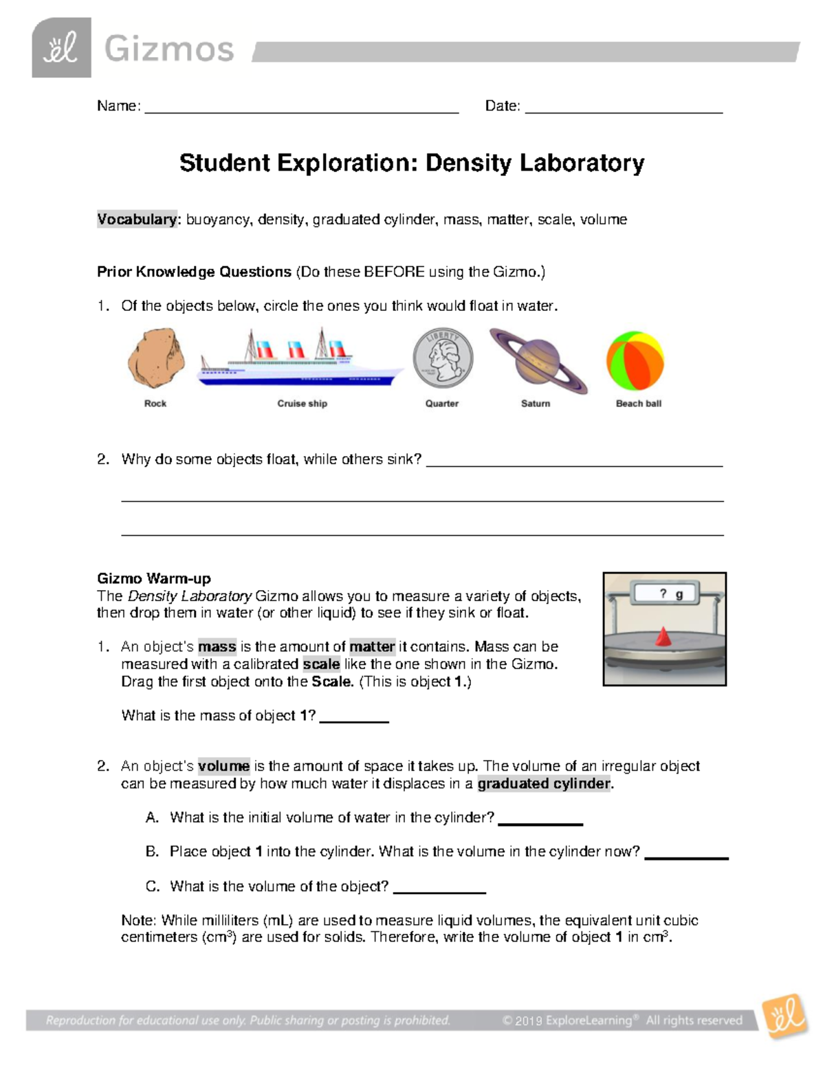 Density Lab SE - chemistry - Name: Date: Student Exploration: Density ...