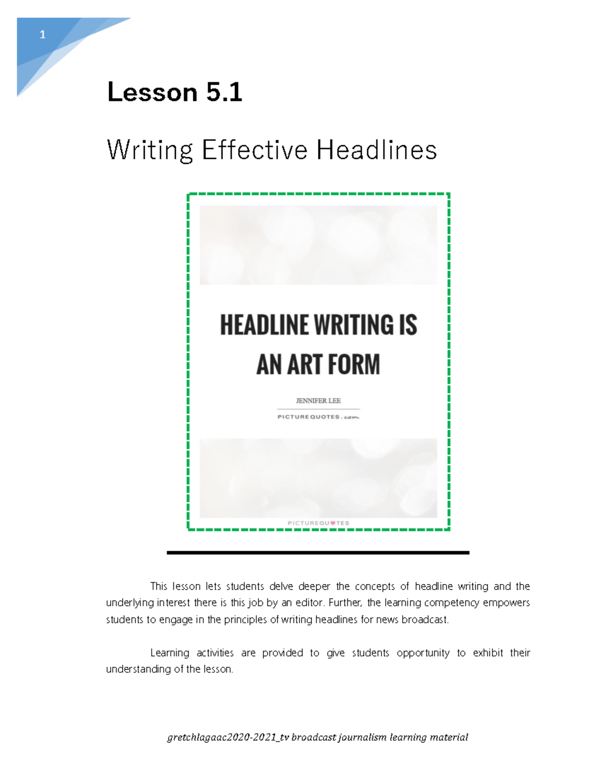 1 - TV BROAD SCRIPT - Lesson 5. Writing Effective Headlines - This ...