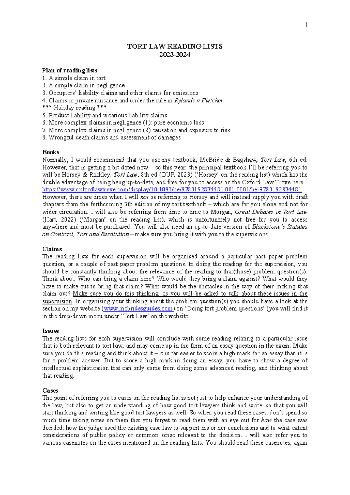 Tort Law 2023 2024 - Summaries - TORT LAW READING LISTS 2023- Plan of ...