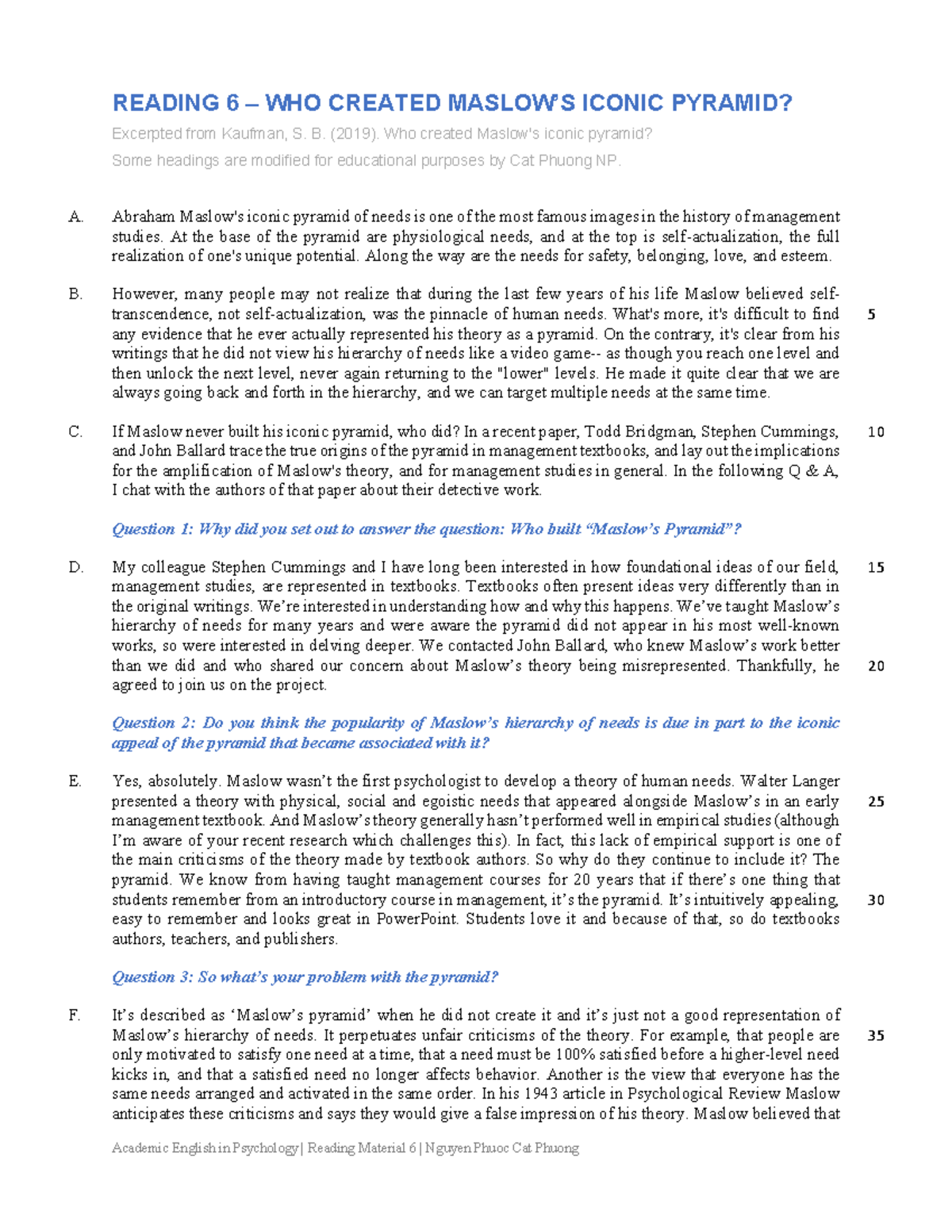 Reading 6 Who Created Maslow’s Iconic Pyramid - Academic English in ...