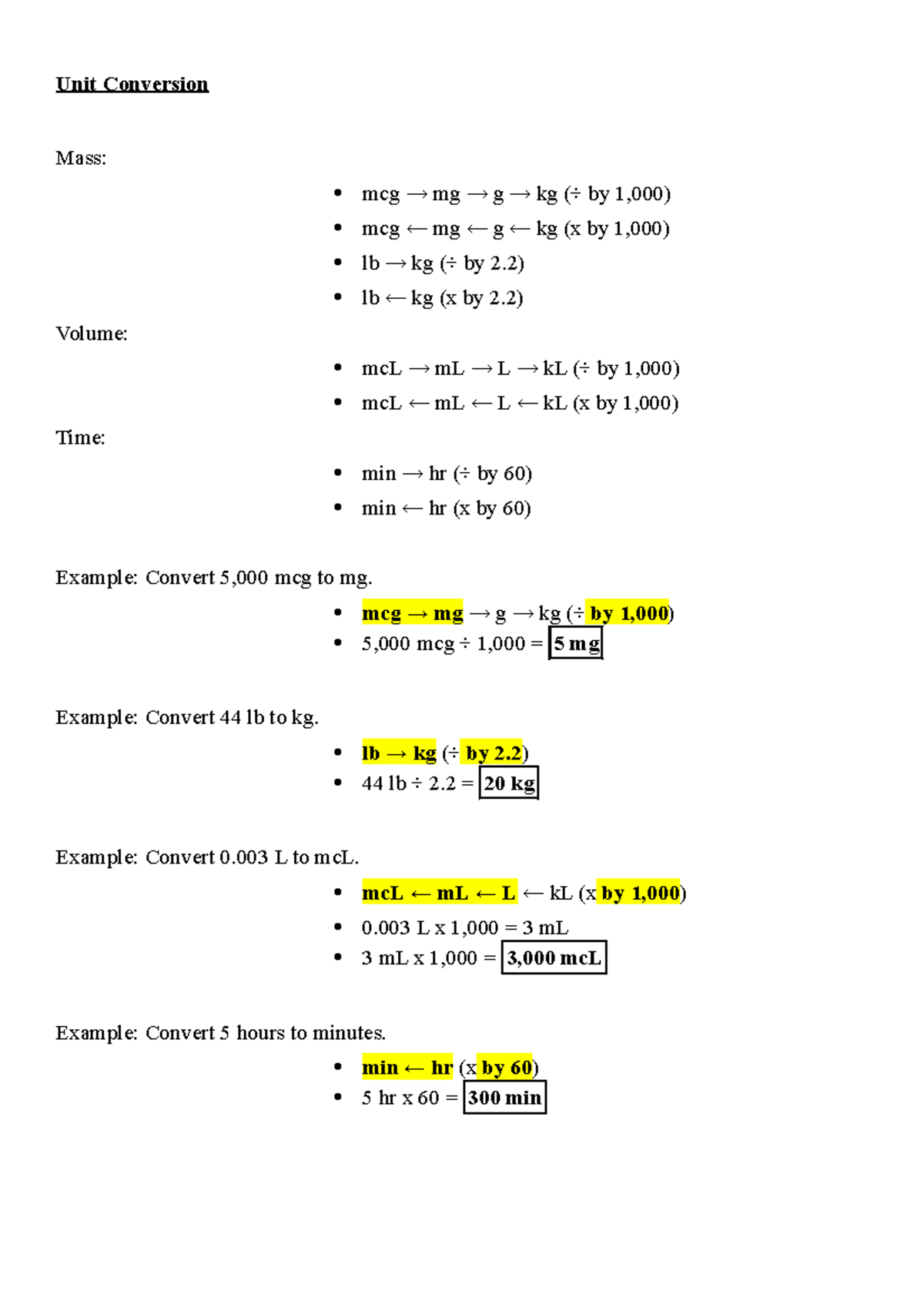 Dosage - calculation of medication - Unit Conversion Mass: mcg → mg → g ...
